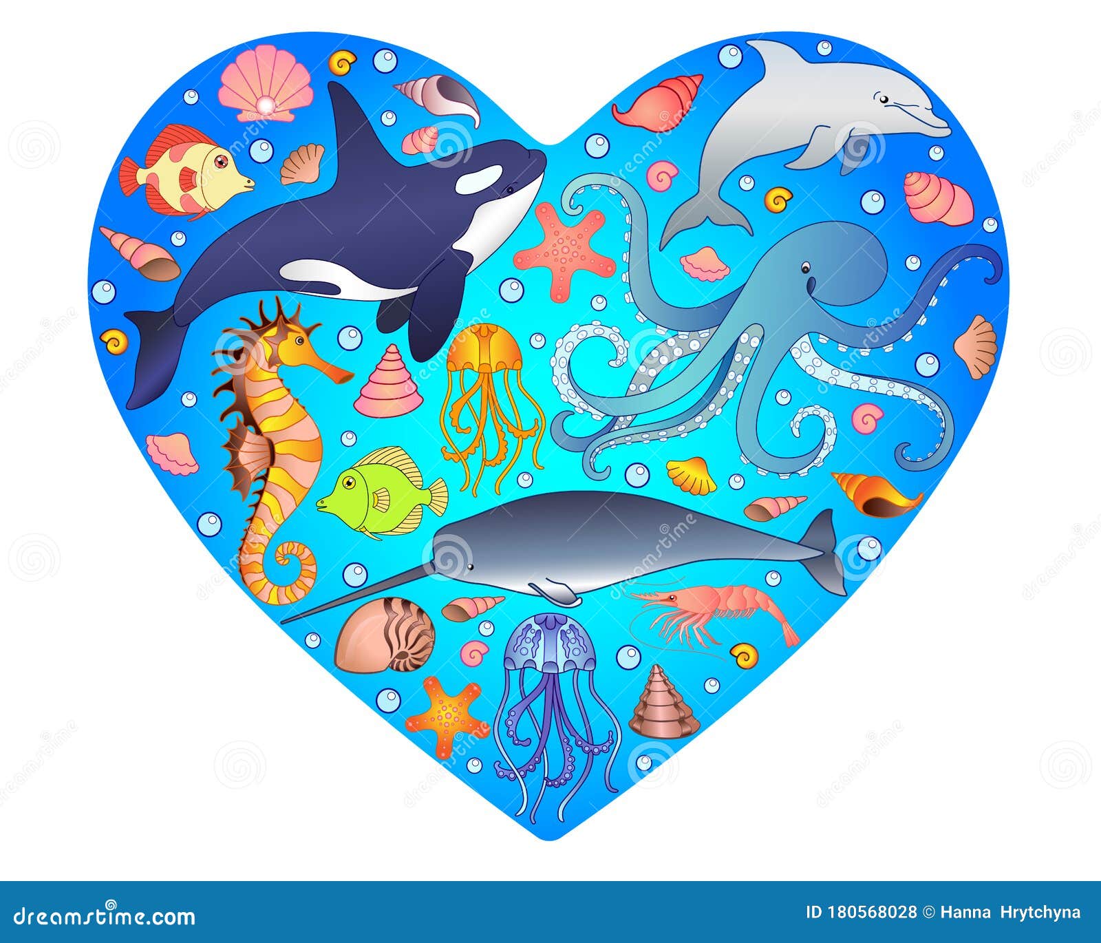 Marine Illustration in the Form of a Heart with Marine Inhabitants ...