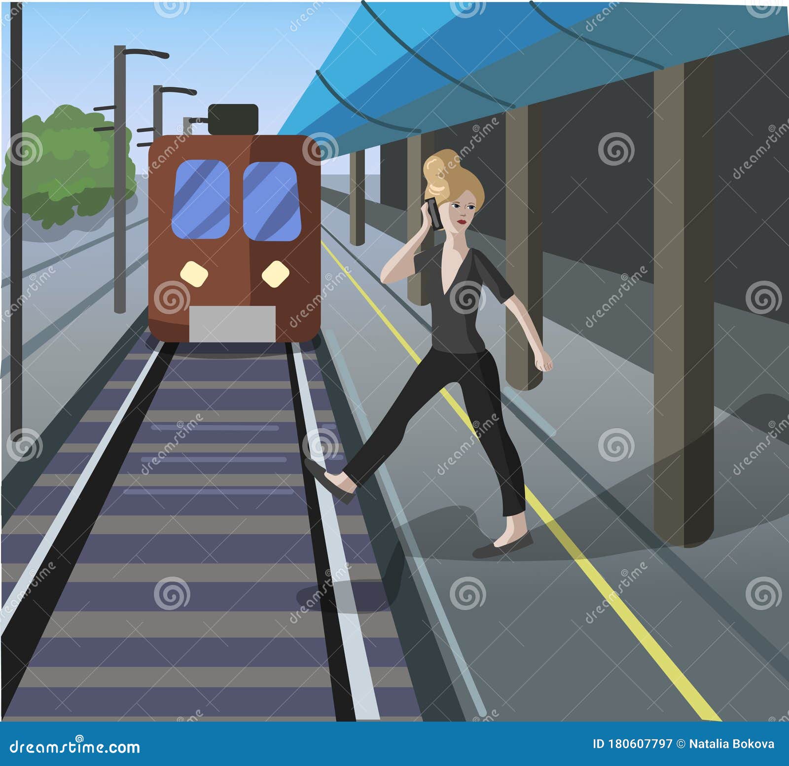 Cross Train Tracks At Designated Crossing Only. Back View Of A Male Kid ...