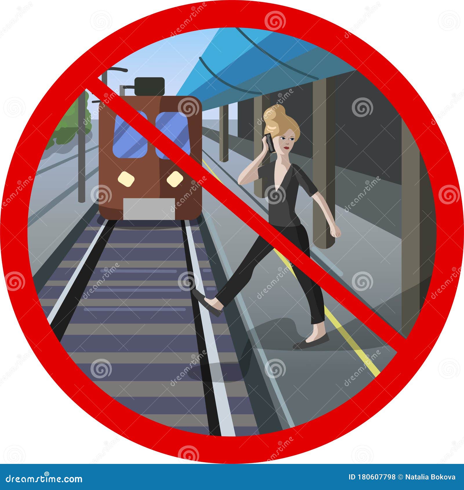 Cross Train Tracks At Designated Crossing Only. Back View Of A Male Kid ...