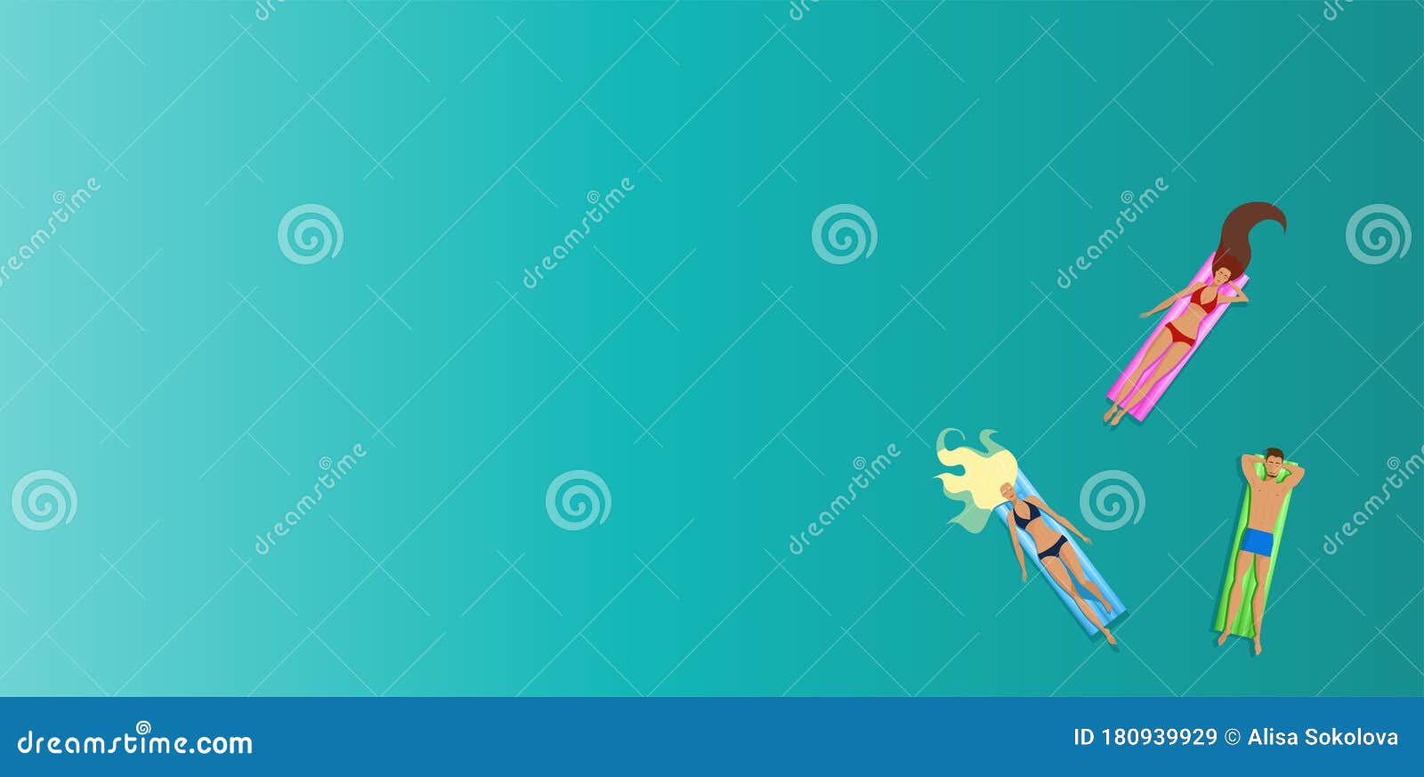People on Pool Rafts Swimming in the Ocean. Vector Illustration Banner ...
