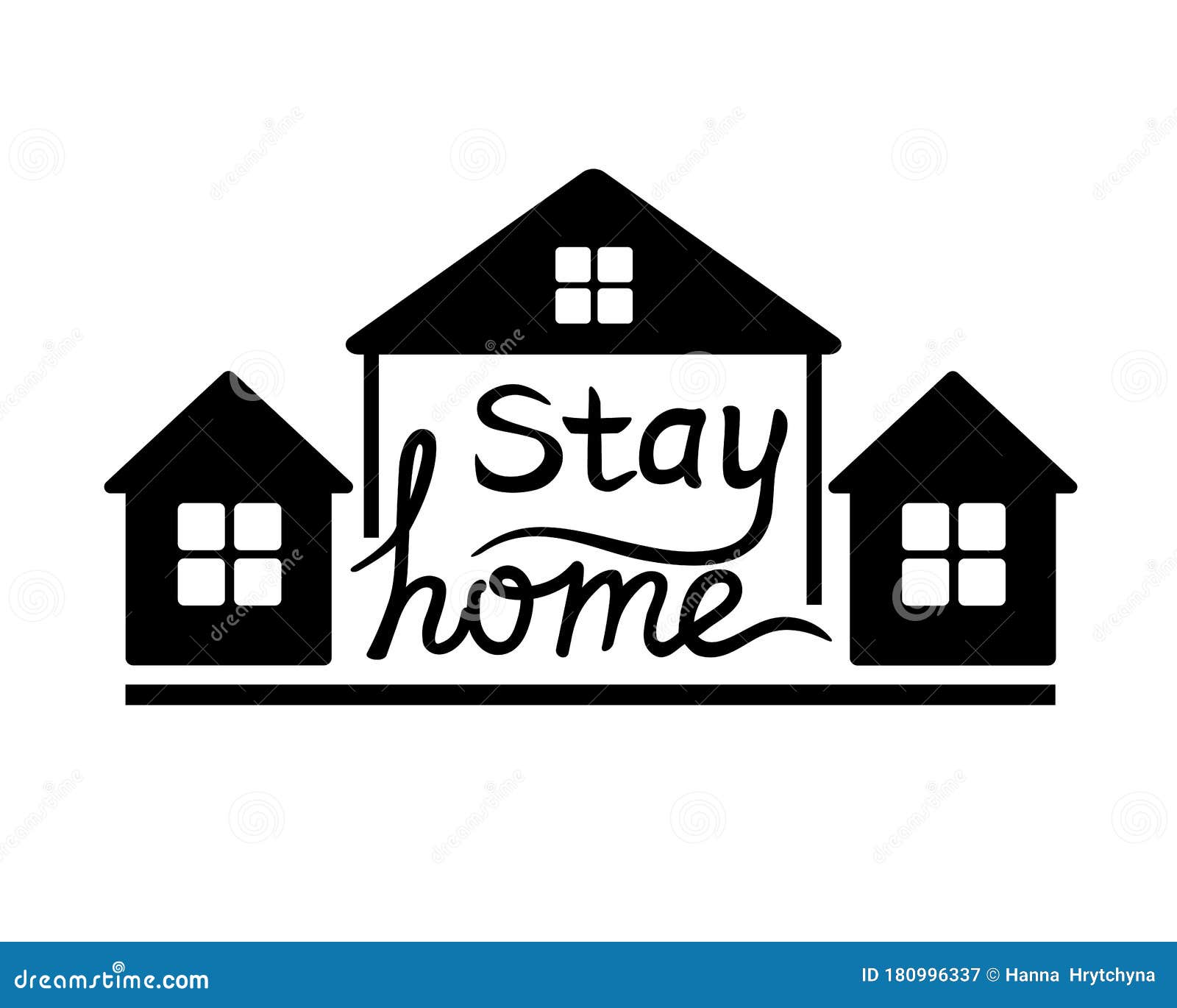 Small Cute Houses With Windows And Lettering - Stay At Home - Black And ...
