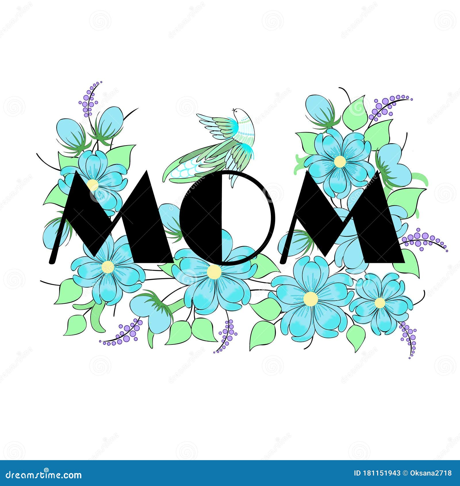 Beautiful Blue Flowers with the Text Mom. Stock Vector - Illustration ...
