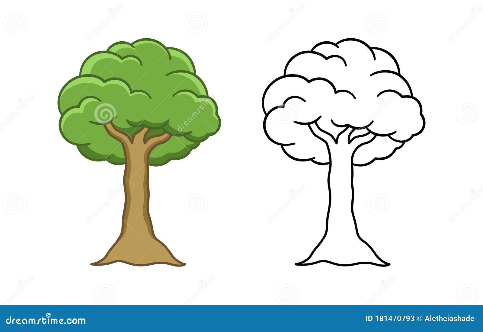 Cartoon Tree Colored and Outline Vector Illustration. Simple Coloring ...