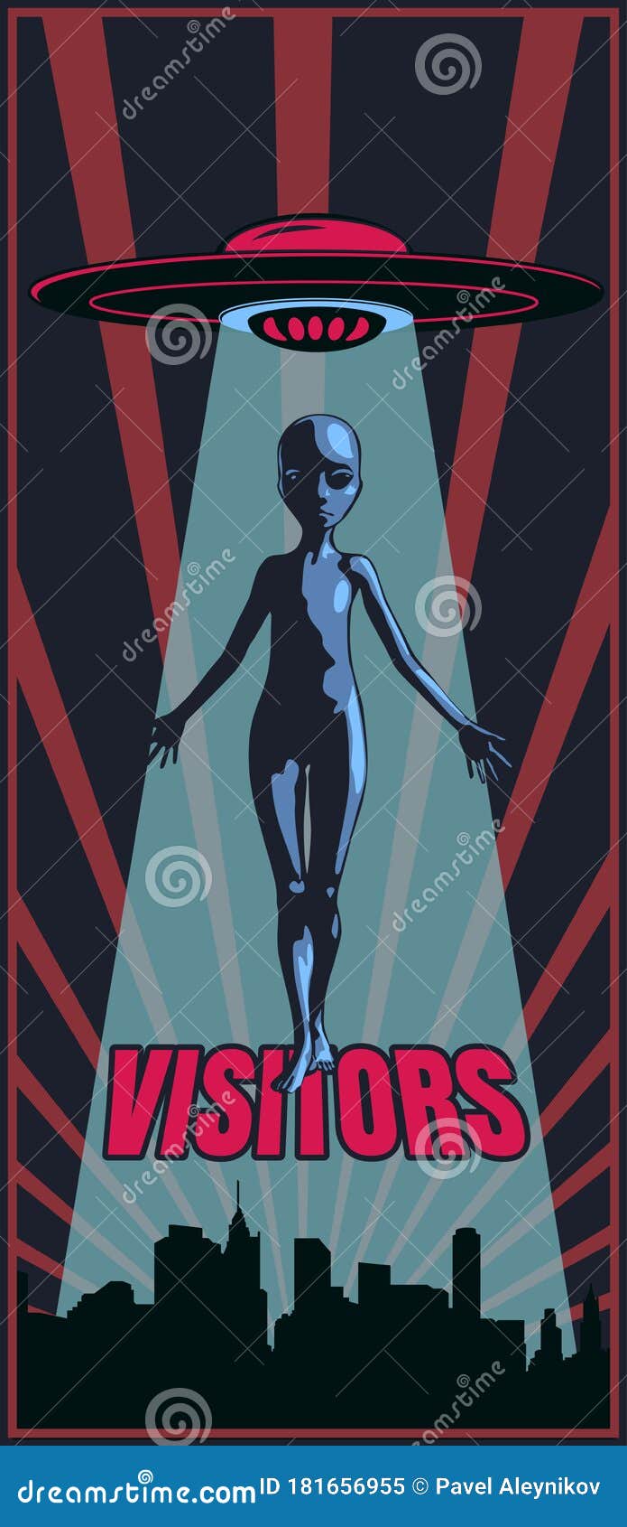 Alien Visitors Come To City, UFO, Alien and Cityscape. Vector Image ...