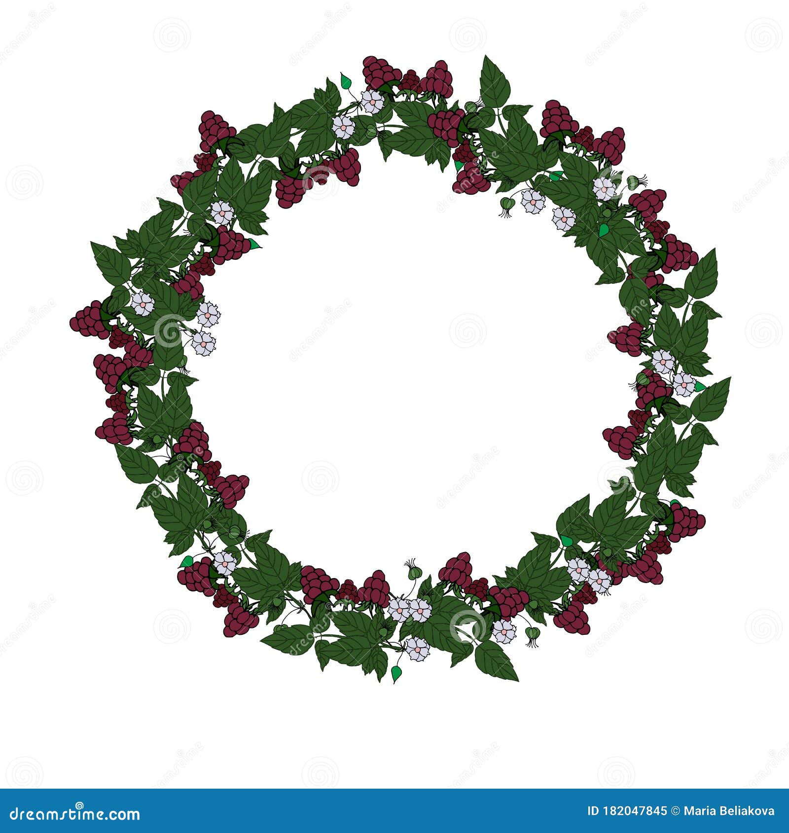 Pattern with Berries and Raspberry Flowers. a Wreath with Red ...