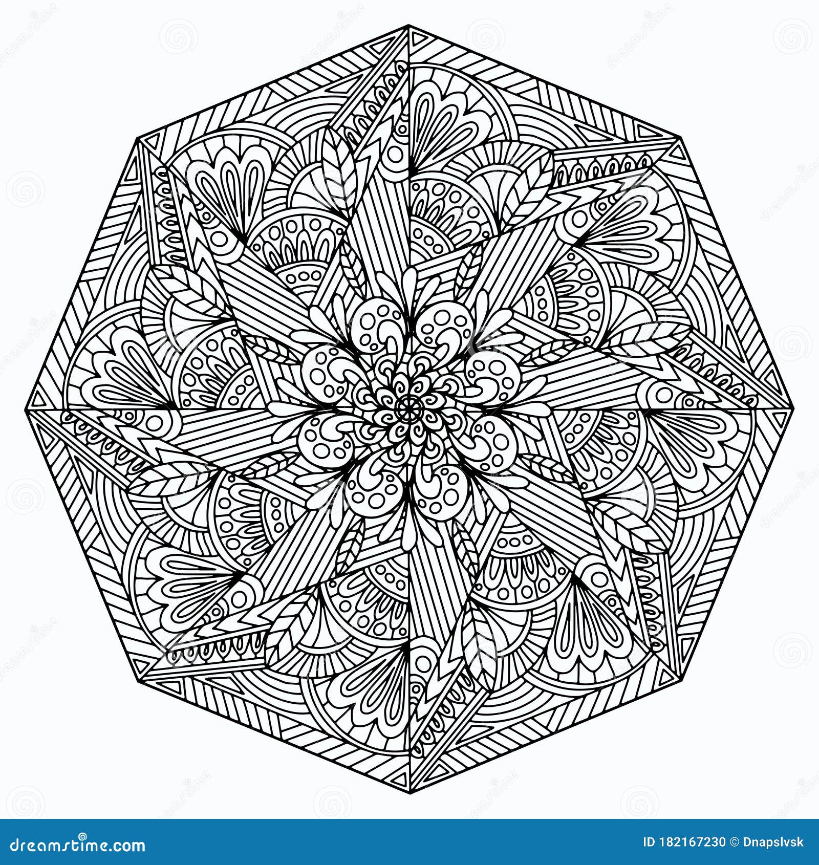 Octagon Shaped Mandala with Leaves and Folk-style Flowers Drawn on a ...