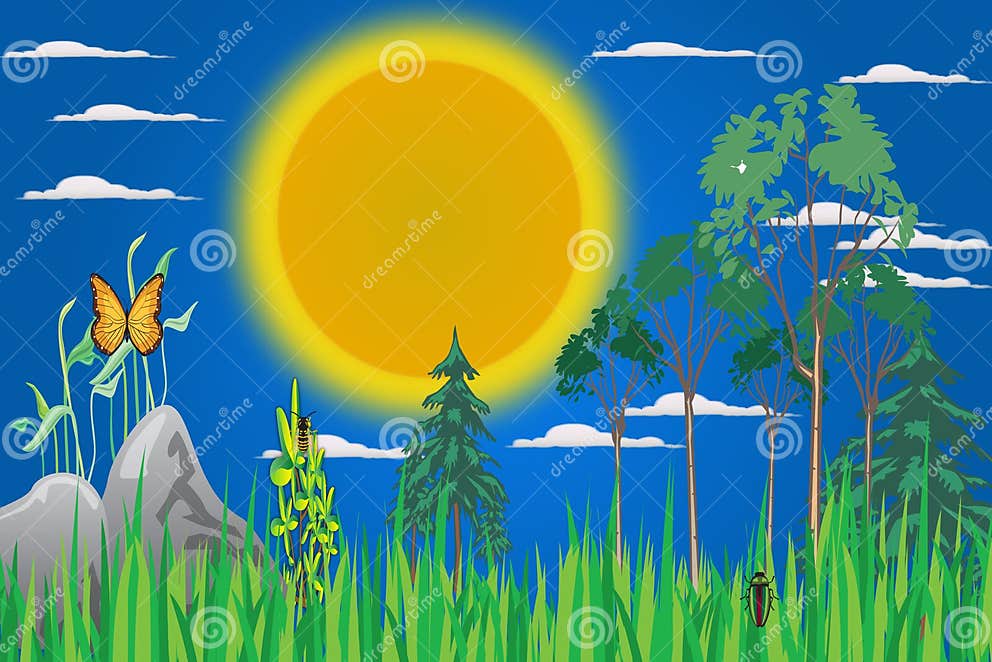 Cartoon Sunny Day in Nature. Stock Vector - Illustration of beautiful ...