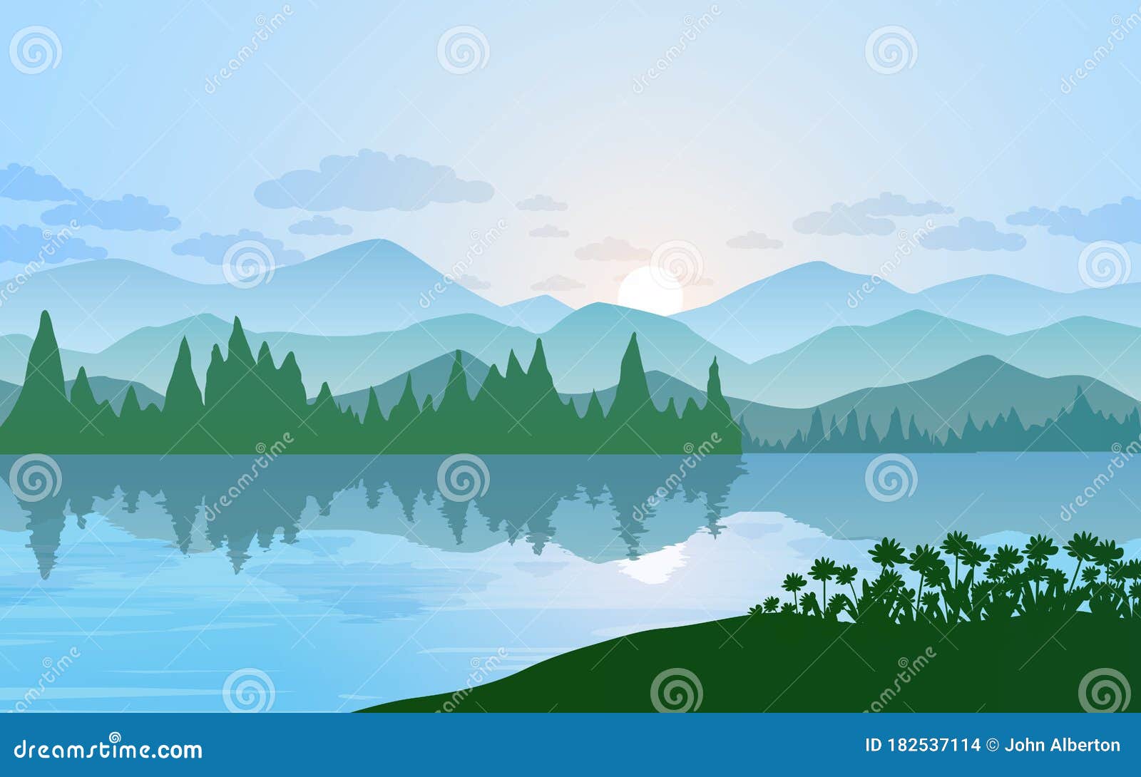 Sunrise in lake stock vector. Illustration of landscape - 182537114