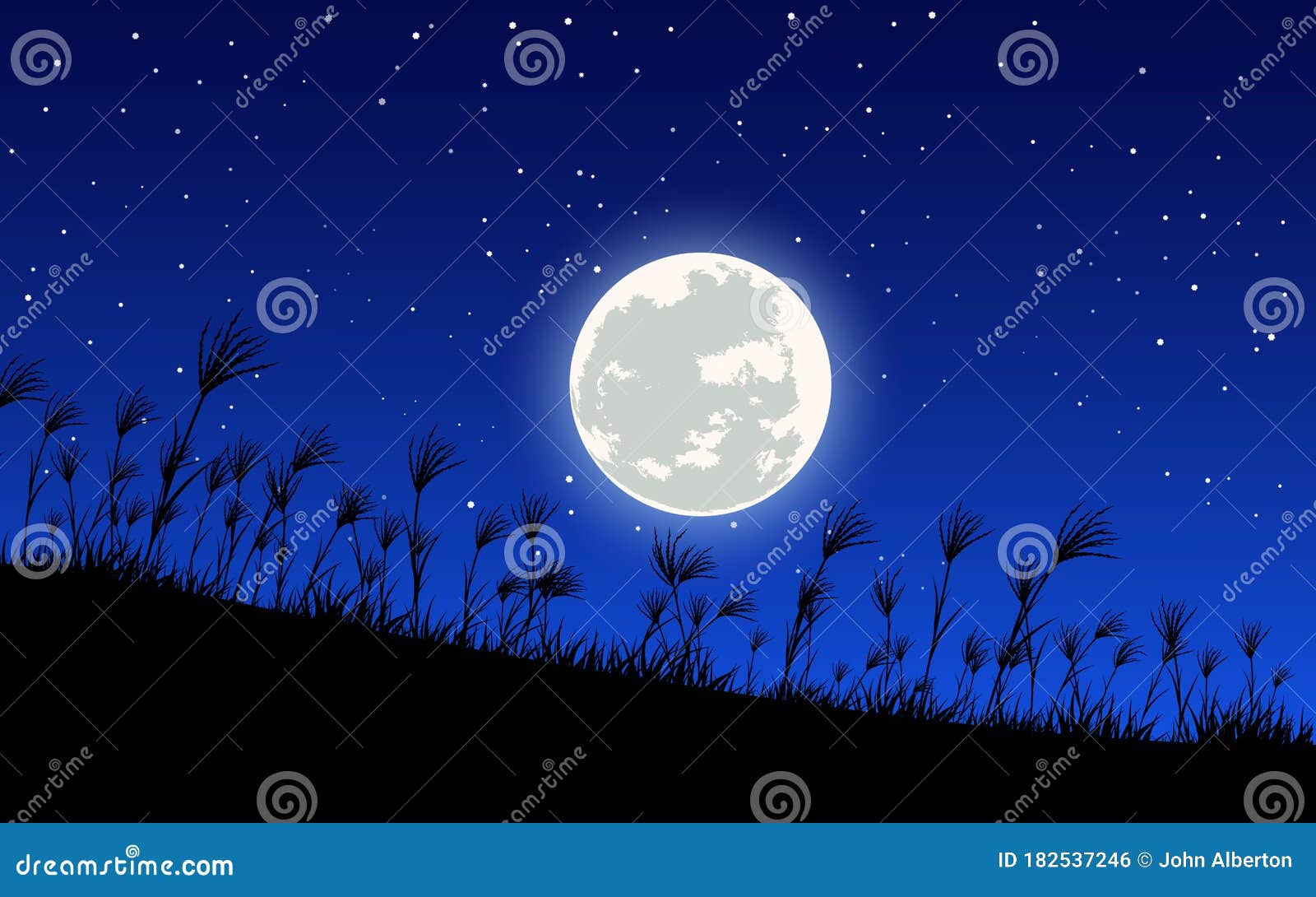 Moonlight over grassland stock vector. Illustration of full - 182537246