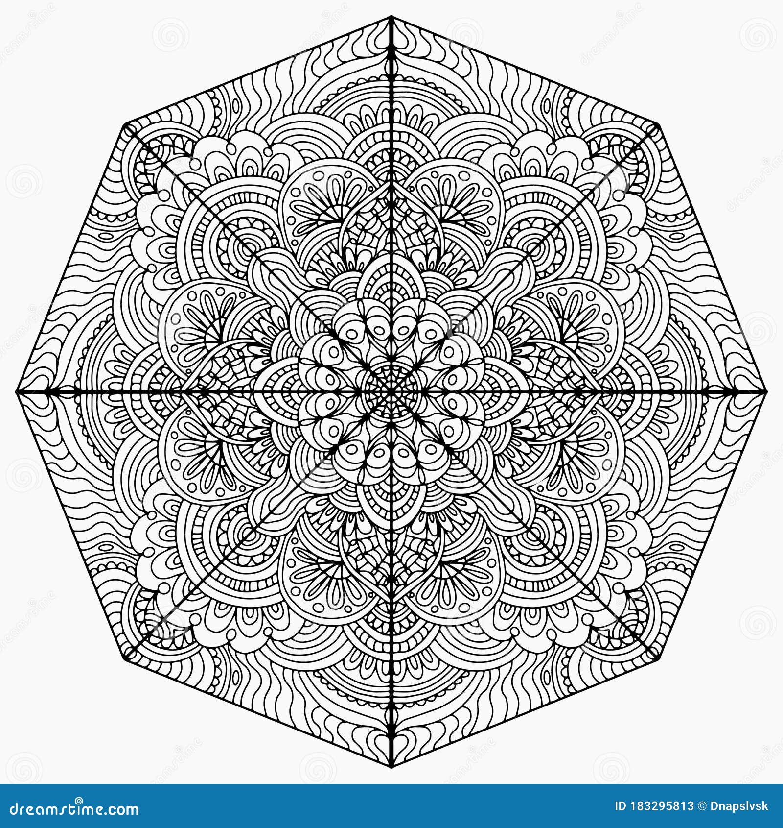 Octagonal Mandala Drawn with Flowers Folk Style for Coloring, on a ...