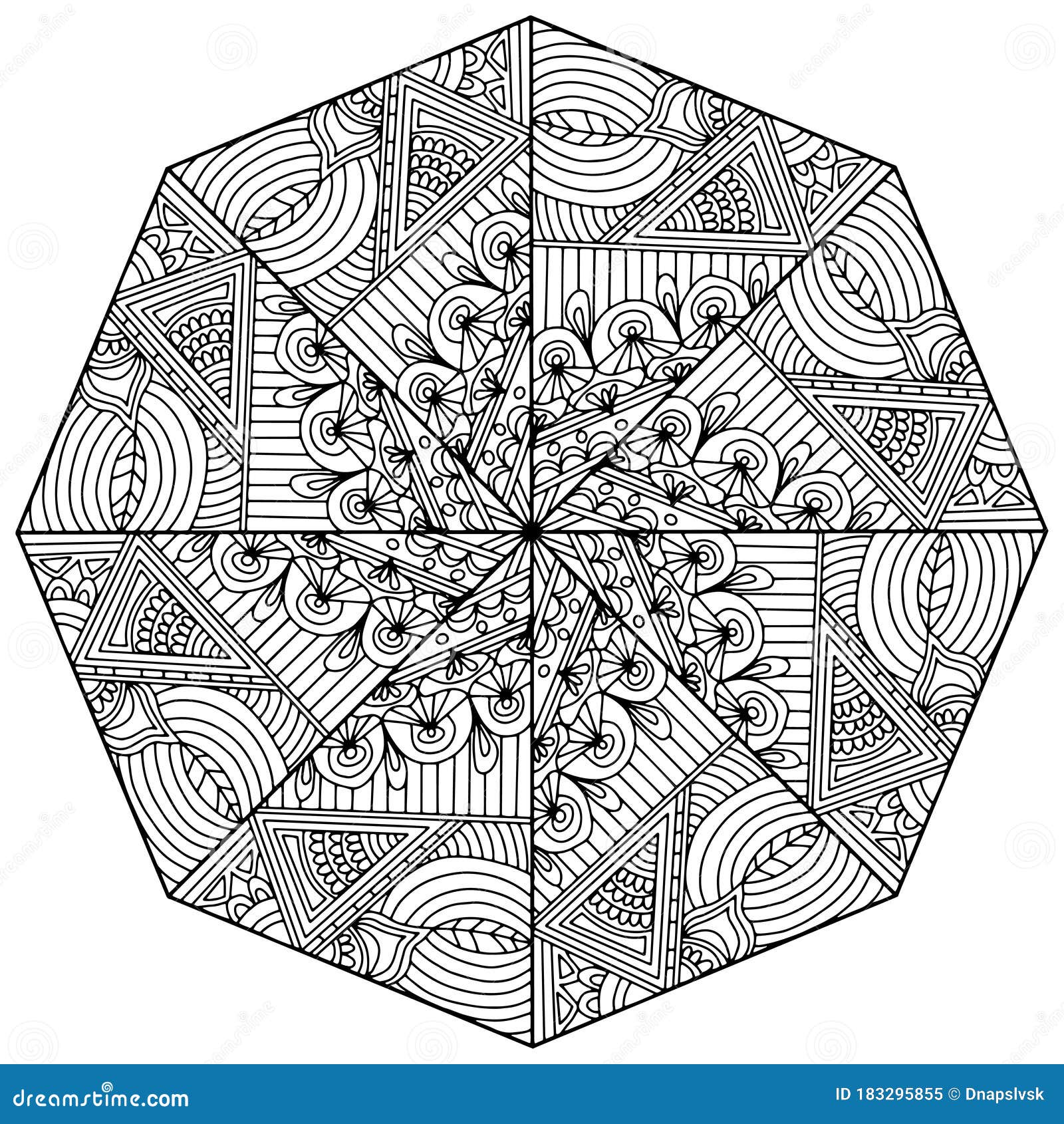 Octagonal Mandala Drawn with Abstract Linear Figures for Coloring, on a ...