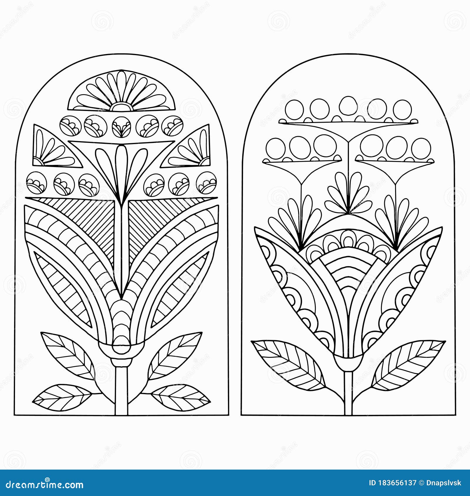 Flowers Drawn for Coloring with Linear Ornaments and Folk Style Flowers ...