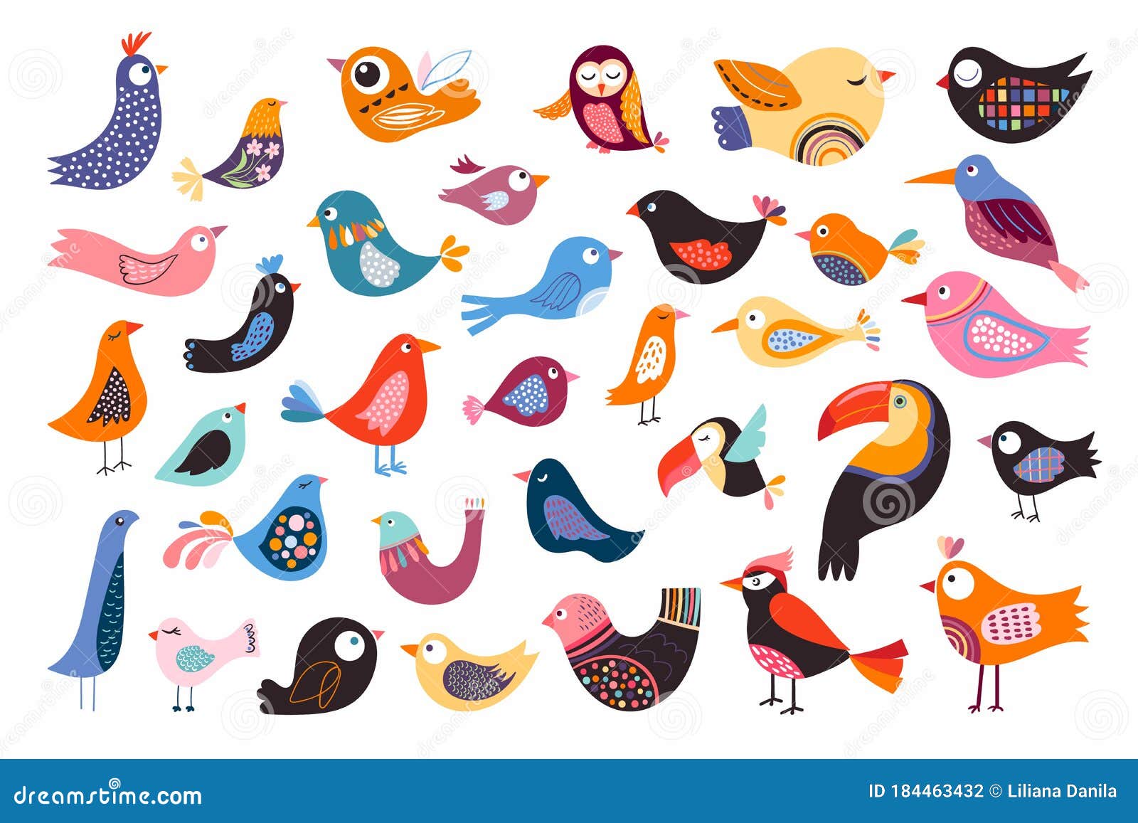 Birds Collection with Different Abstract Decorative Elements, Isolated ...