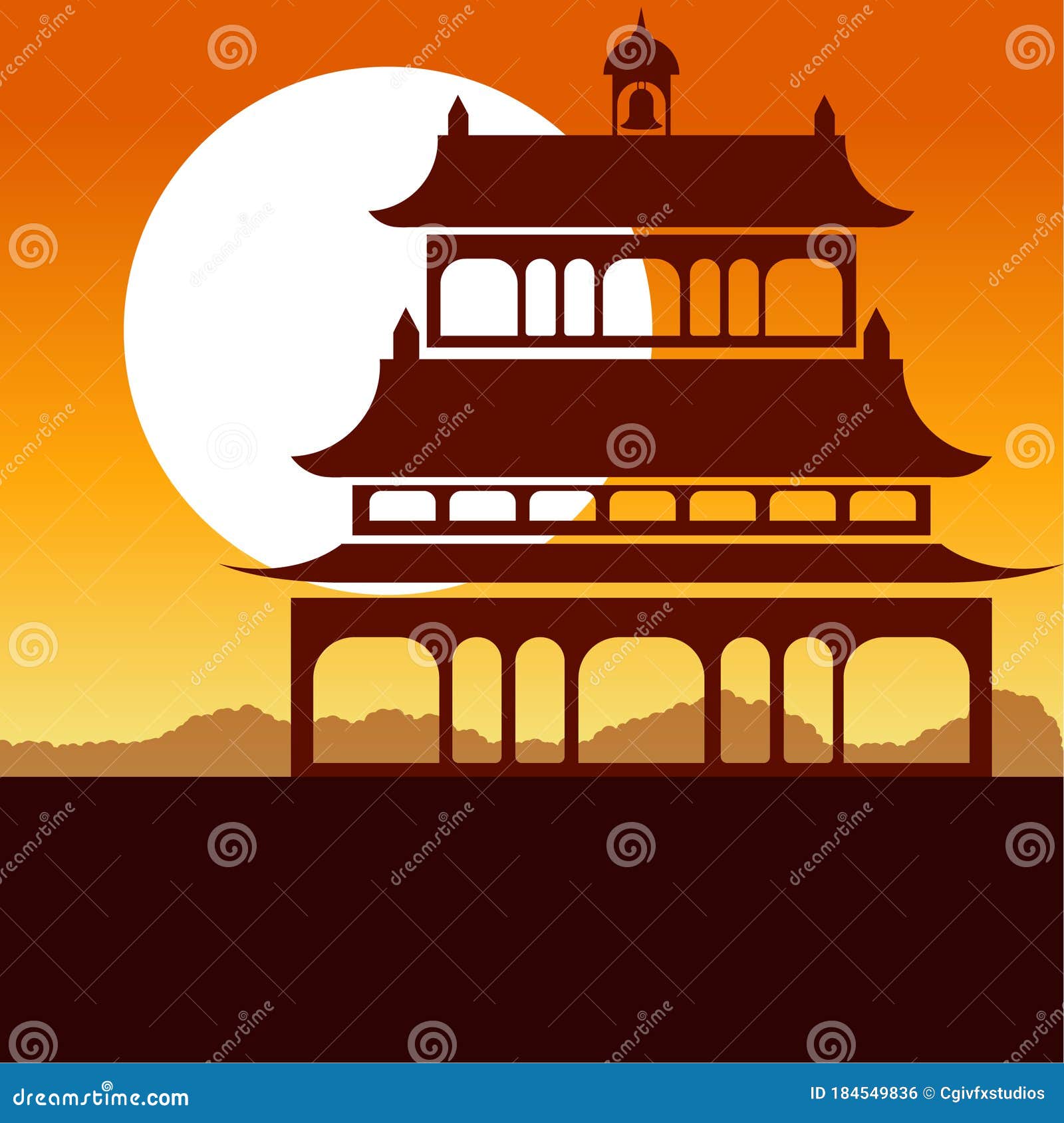 China Temple Silhouette with Sunset in Background Vector Illustration ...