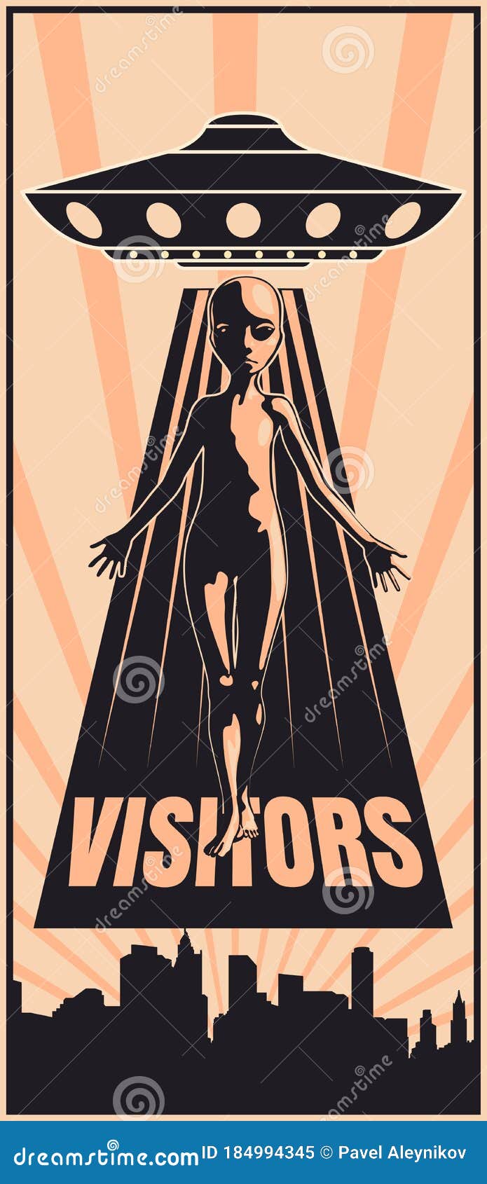 Alien Visitors Come To City, UFO, Alien and Cityscape. Vector Image ...