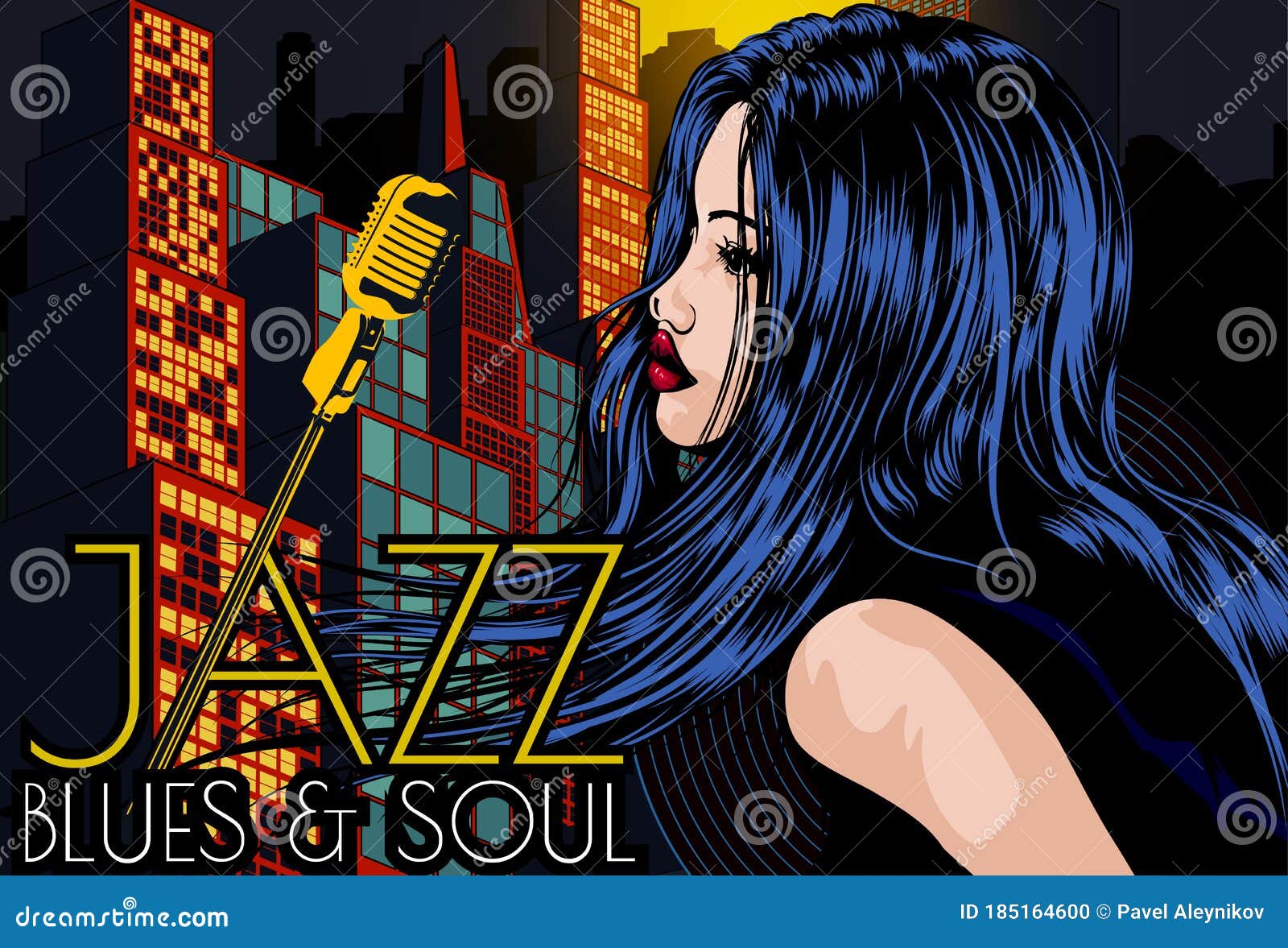 Poster with Lights Big Night City, Woman Singer and Moon. Stock Vector ...