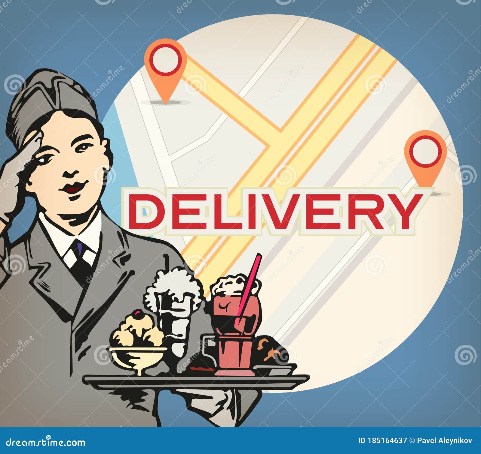 Vintage Poster with Delevery Boy and Modern Map with GPS Mark. Food ...