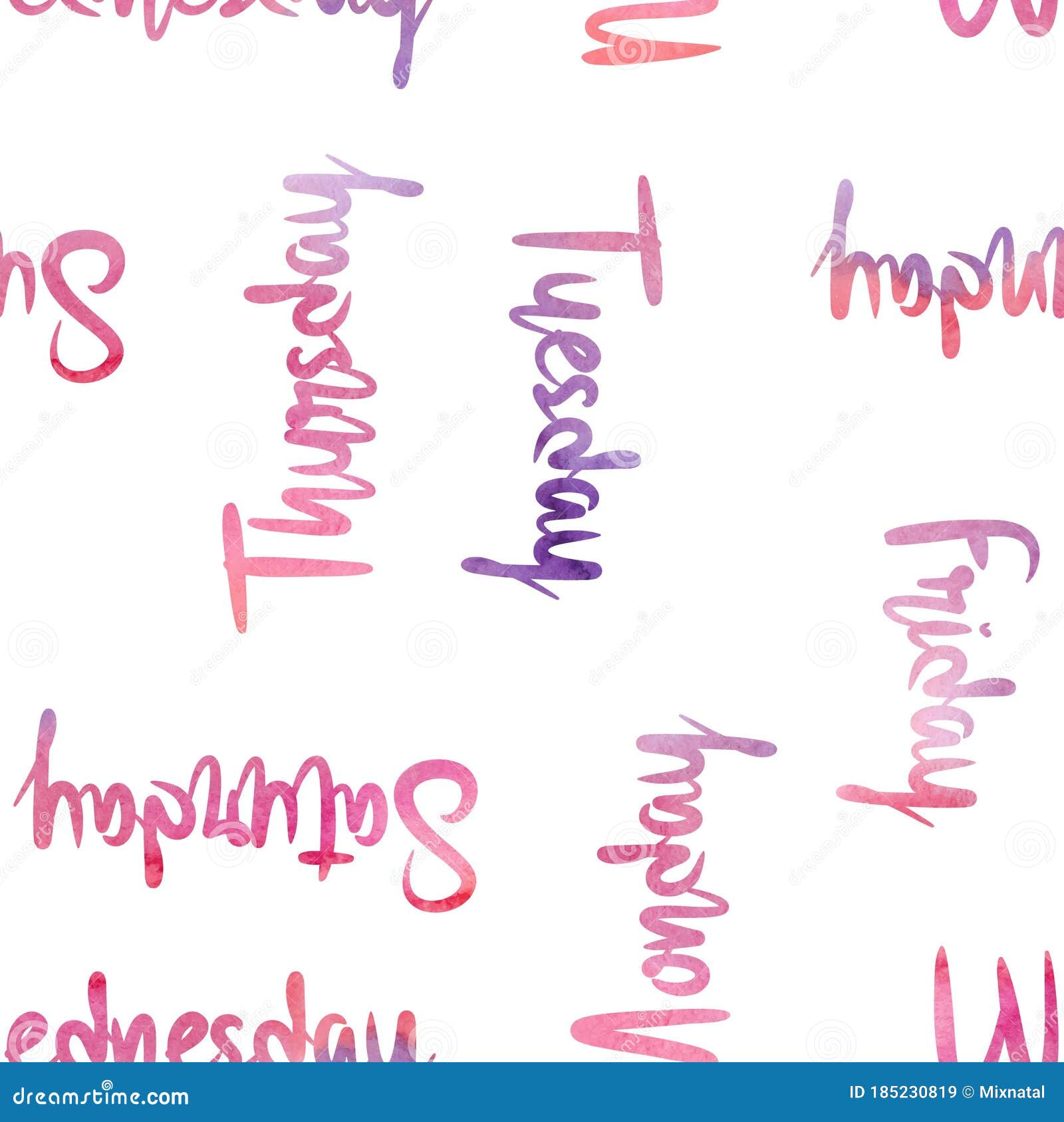 Seamless Pattern with Watercolor Lettering of Week Days. Stock Vector ...