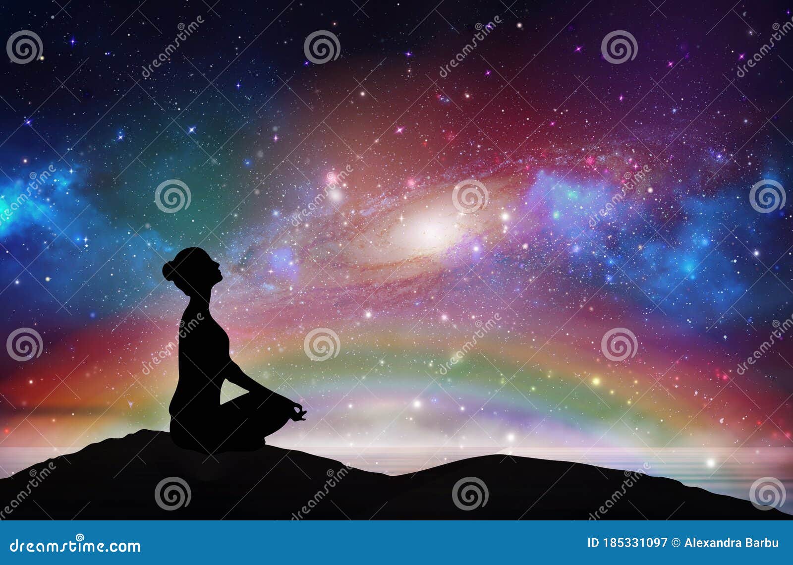Mountain Girl Silhouette, Meditation Under Stars Stock Image - Image of ...