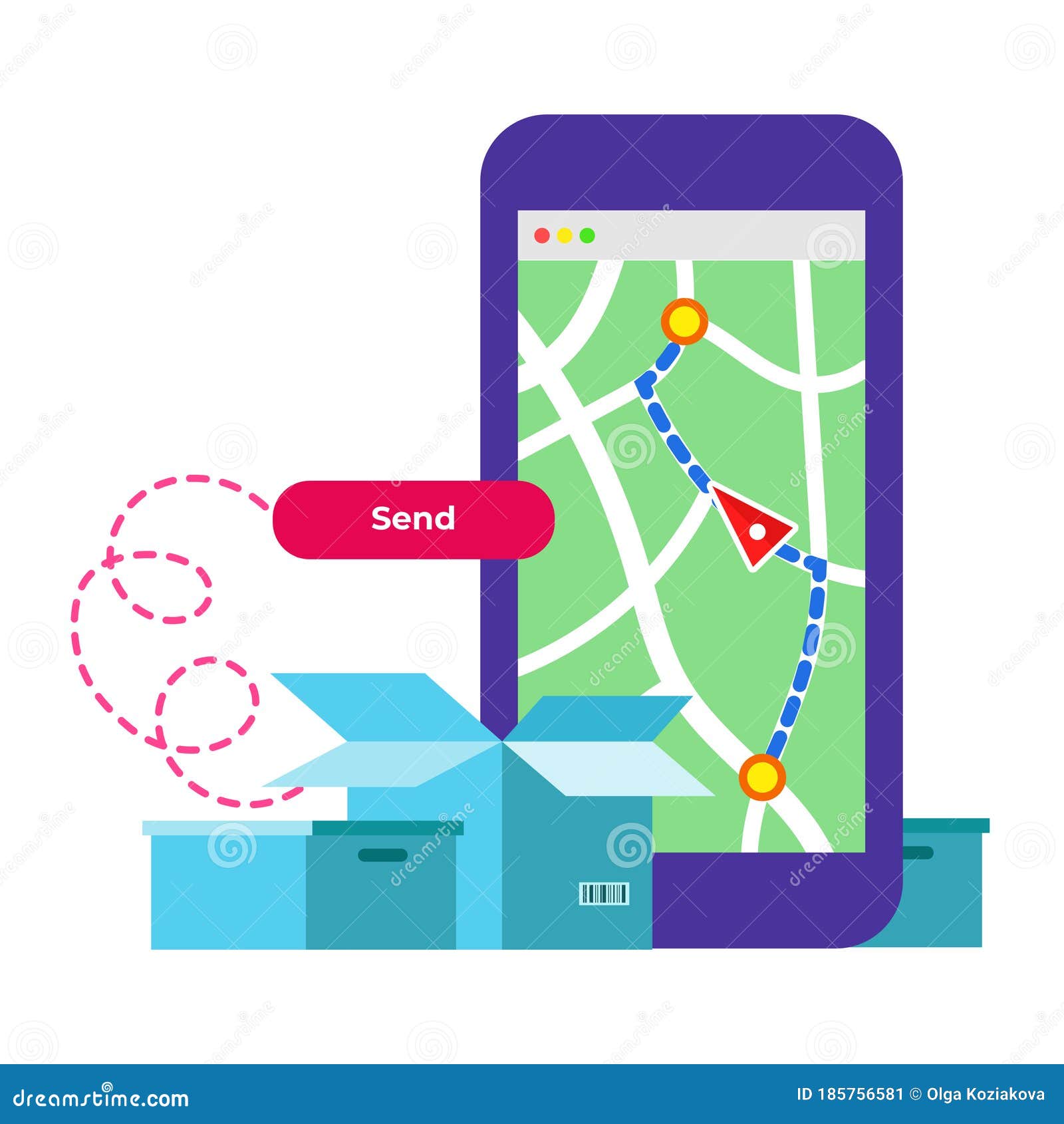 Vector Illustration Map with a Route of Movement. Arrow. Browser Send ...