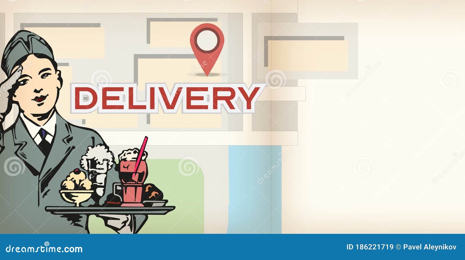 Vintage Poster with Delevery Boy and Modern Map with GPS Mark. Food ...