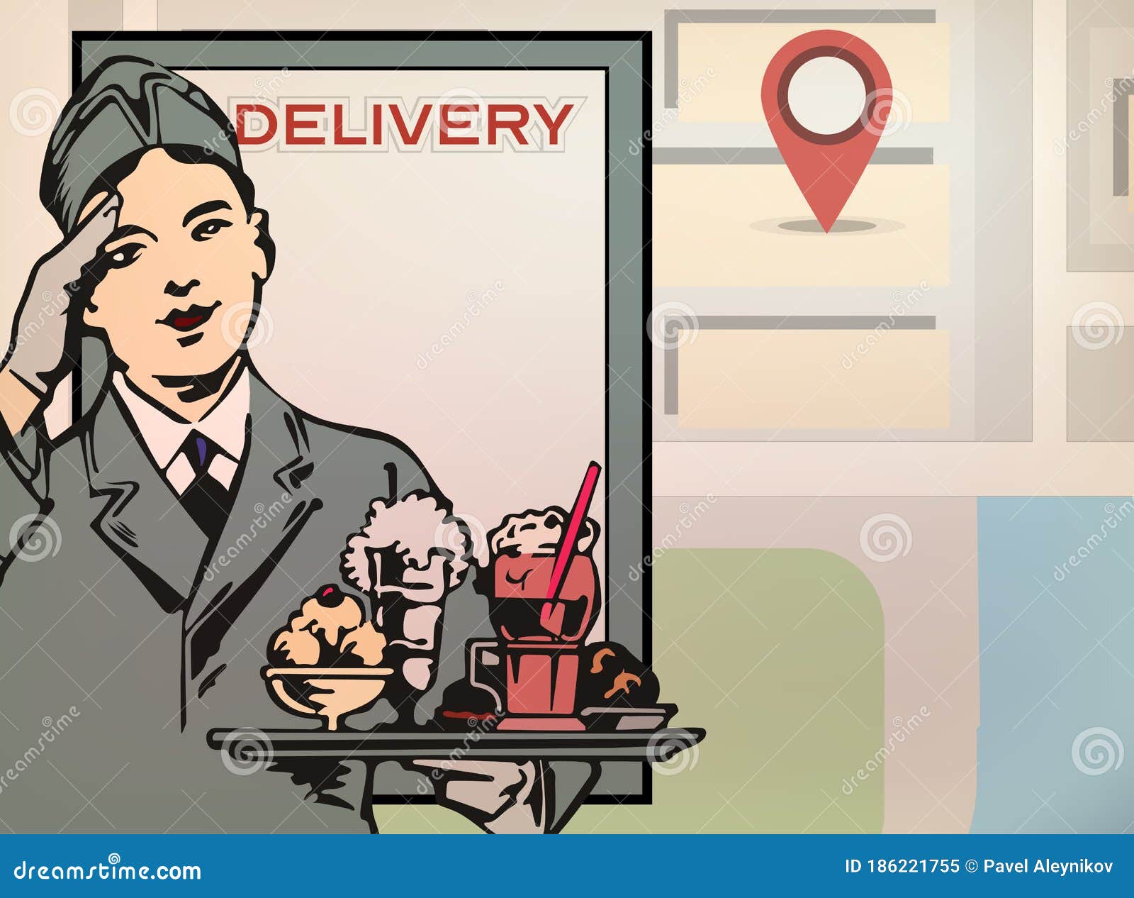 Vintage Poster with Delevery Boy and Modern Map with GPS Mark. Food ...