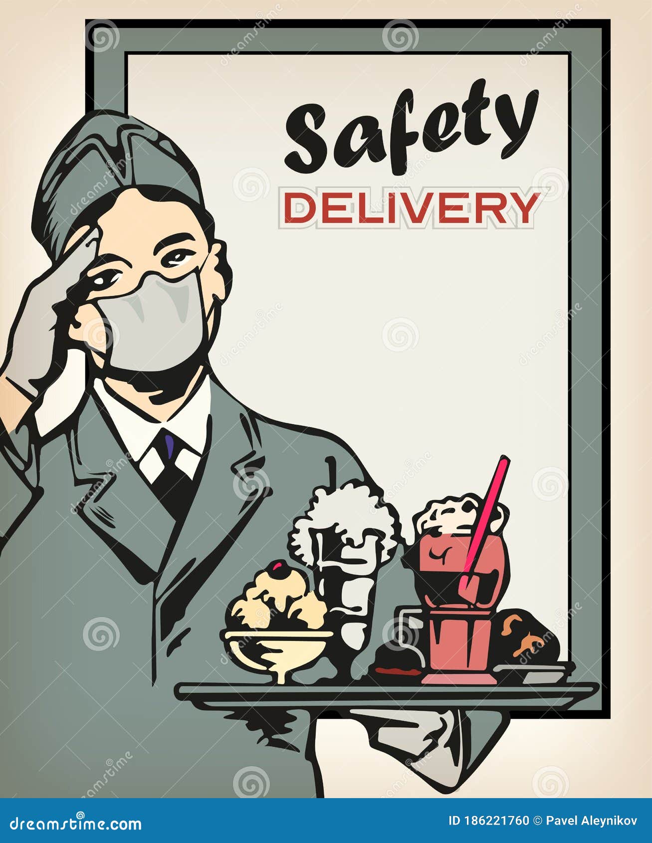 Vintage Poster with Delevery Boy and Modern Map with GPS Mark. Food ...