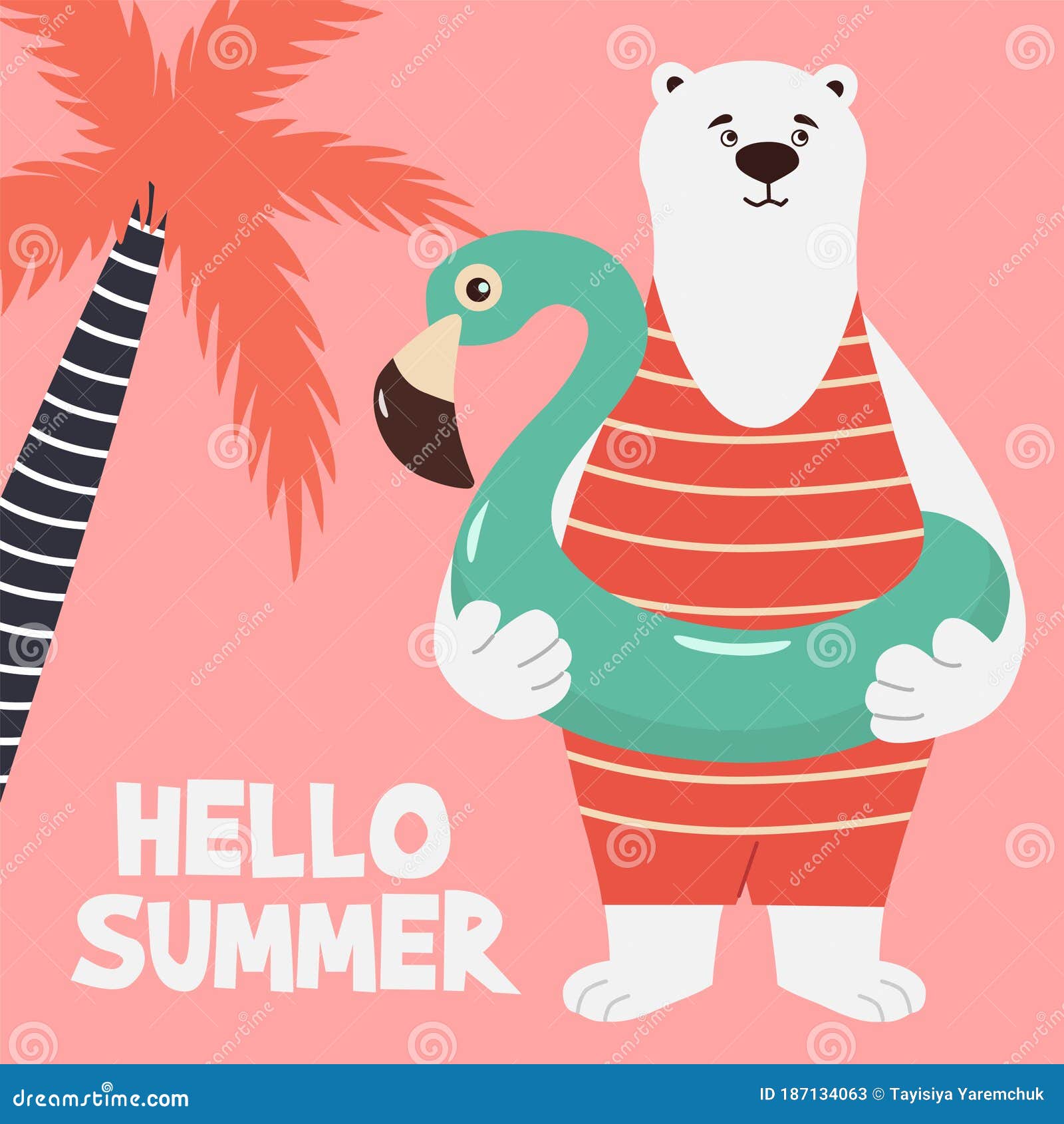 Cartoon Bear in a Flat Style with a Flamingo Pool Float. Funny Children ...