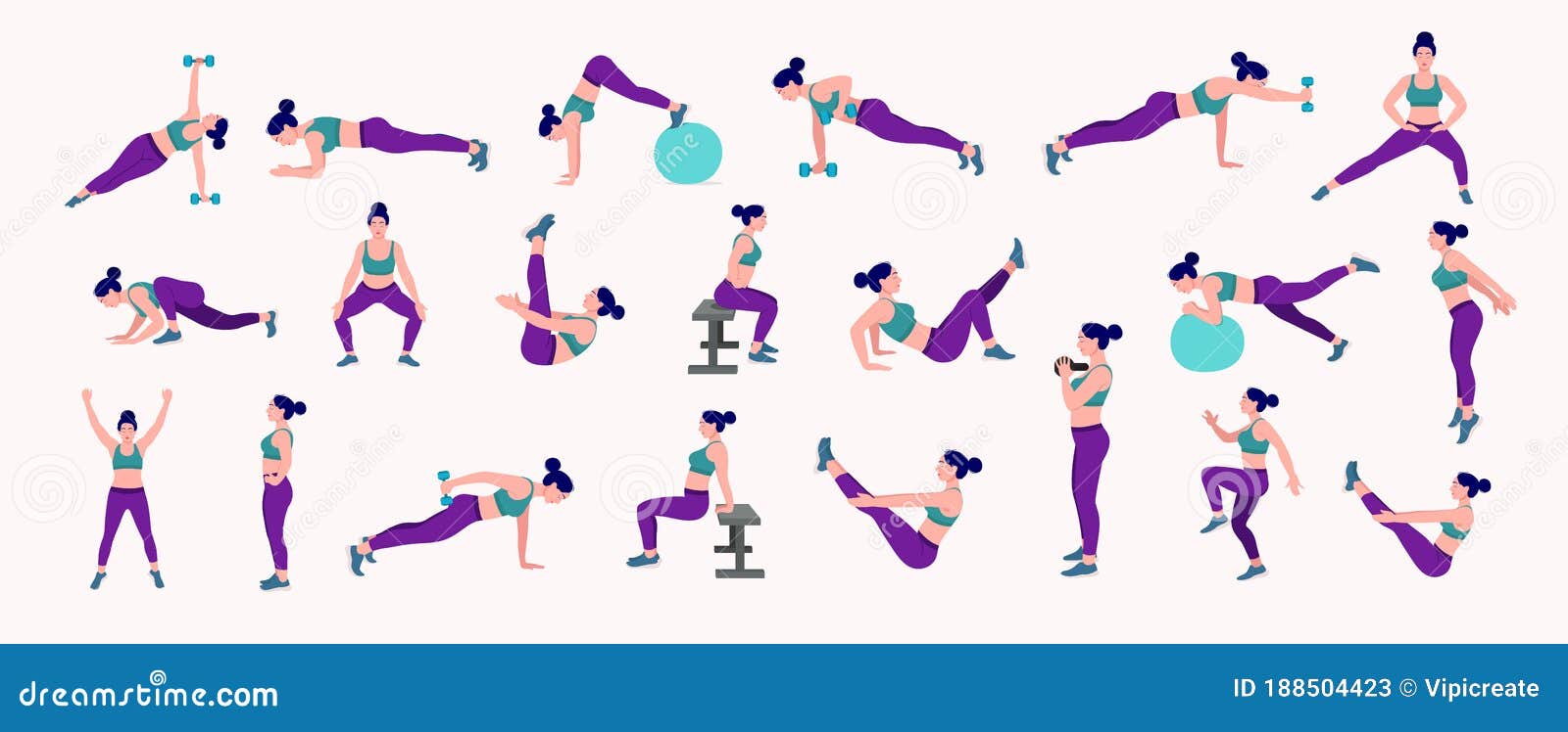 Workout Girl Set. Woman Doing Fitness and Yoga Exercises. Lunges and ...