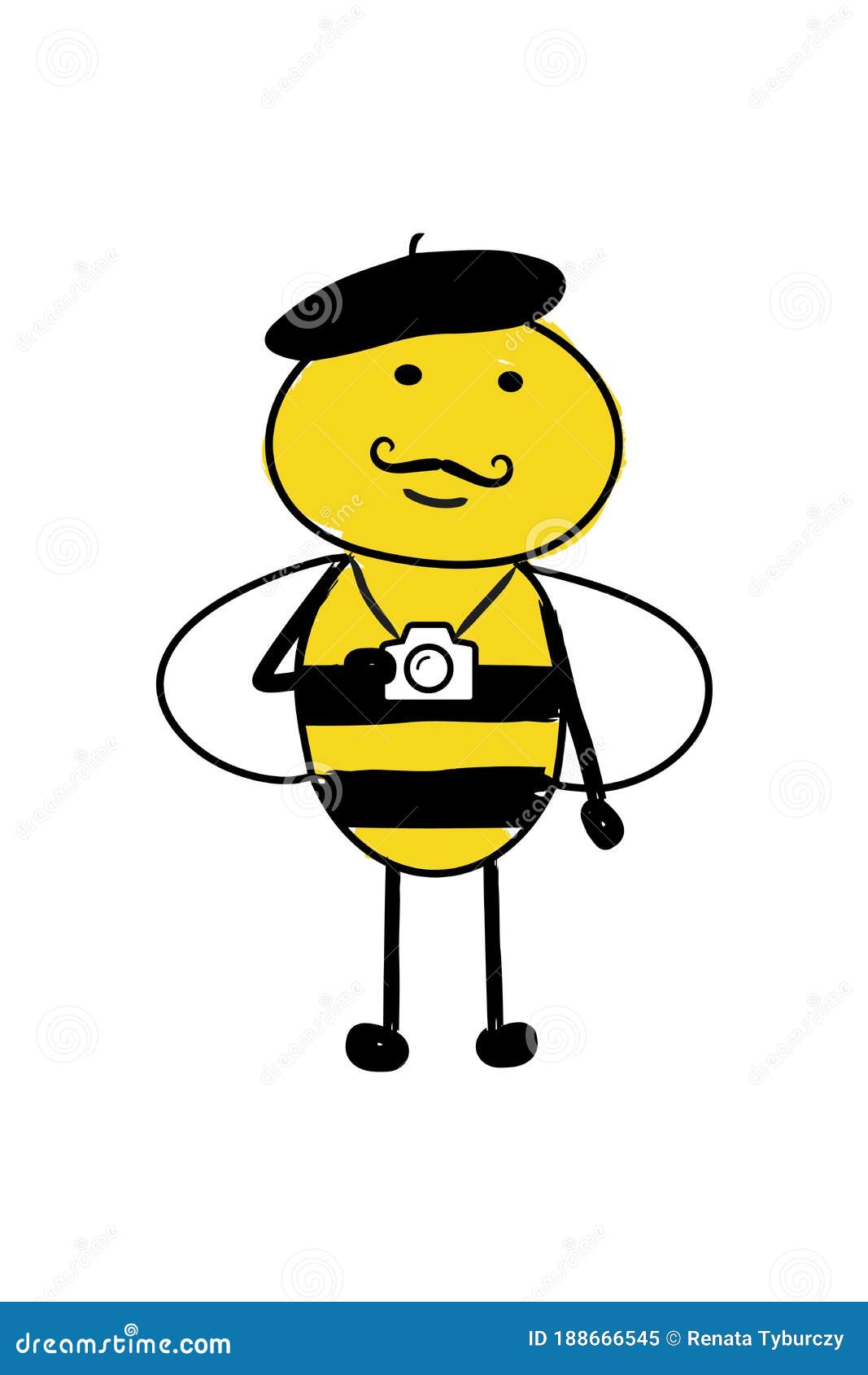 Cartoon Cute Bee with Mustache , Beret, and Holding Camera. Stock ...