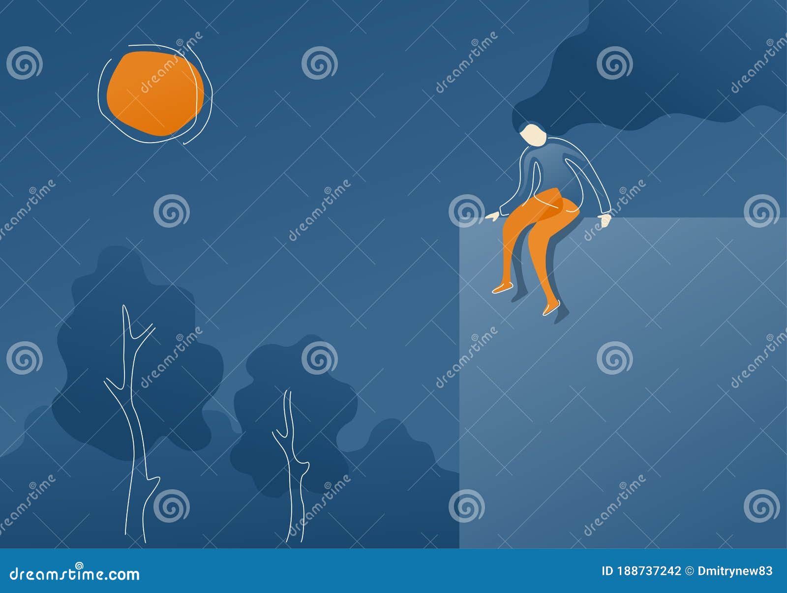 Sad Woman Sitting on the Edge of the Cliff Stock Vector - Illustration ...