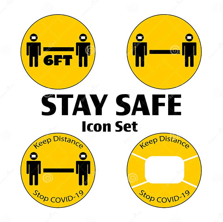 Stay Safe Icon Set of Yellow Warning Button Icons for Opening Again ...