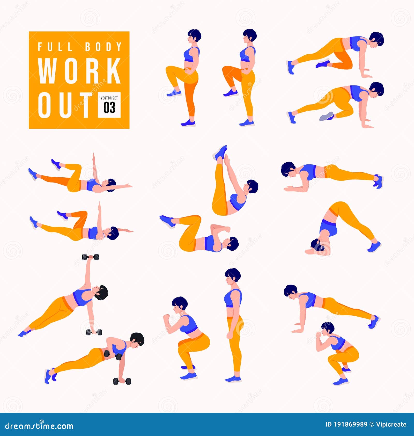 Full Body Workout Set. Women Doing Fitness and Yoga Exercises Stock ...