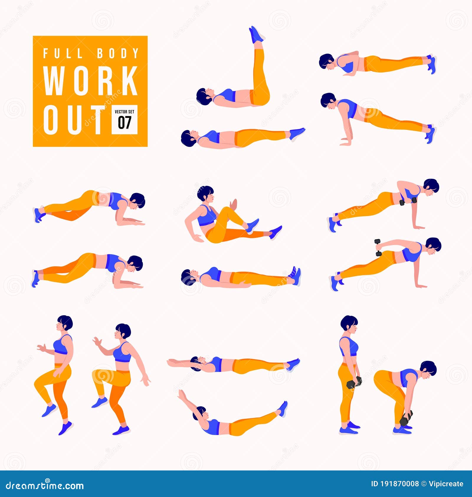 Full Body Workout Set. Women Doing Fitness and Yoga Exercises Stock ...