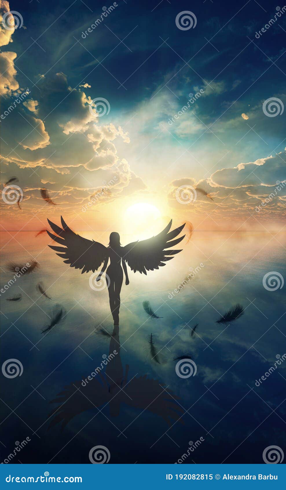 Beautiful Girl with Angel Wings Walking on Water at Sunset, Shadow Work ...