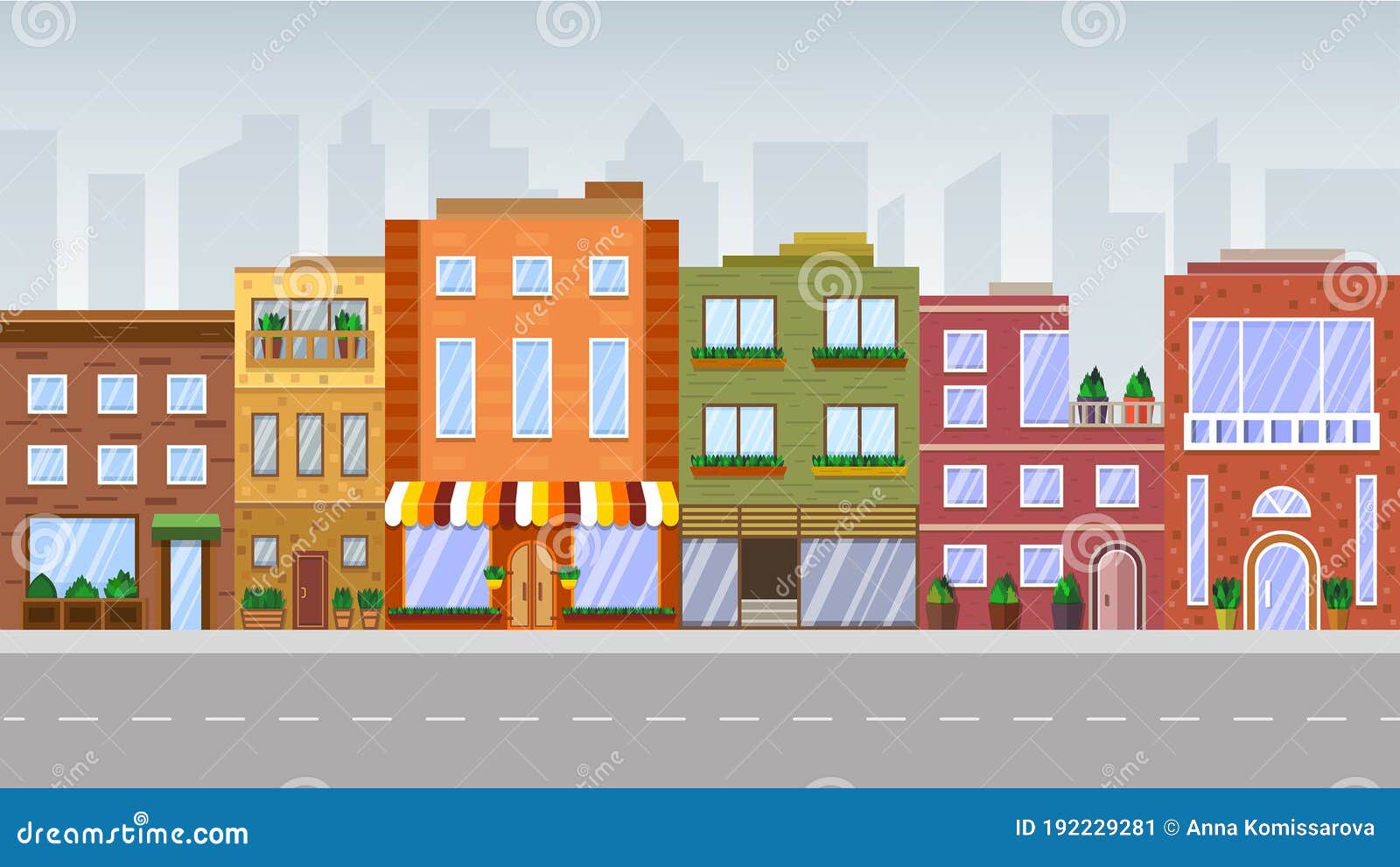 Illustration of the Street with Colorful Buildings Near the Street and ...