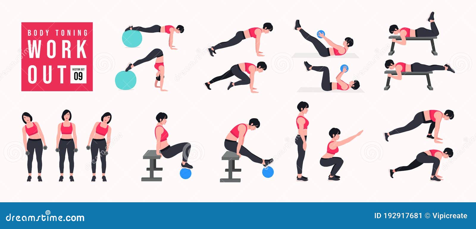 Body Toning Workout Set. Women Doing Fitness and Yoga Exercises. Lunges ...