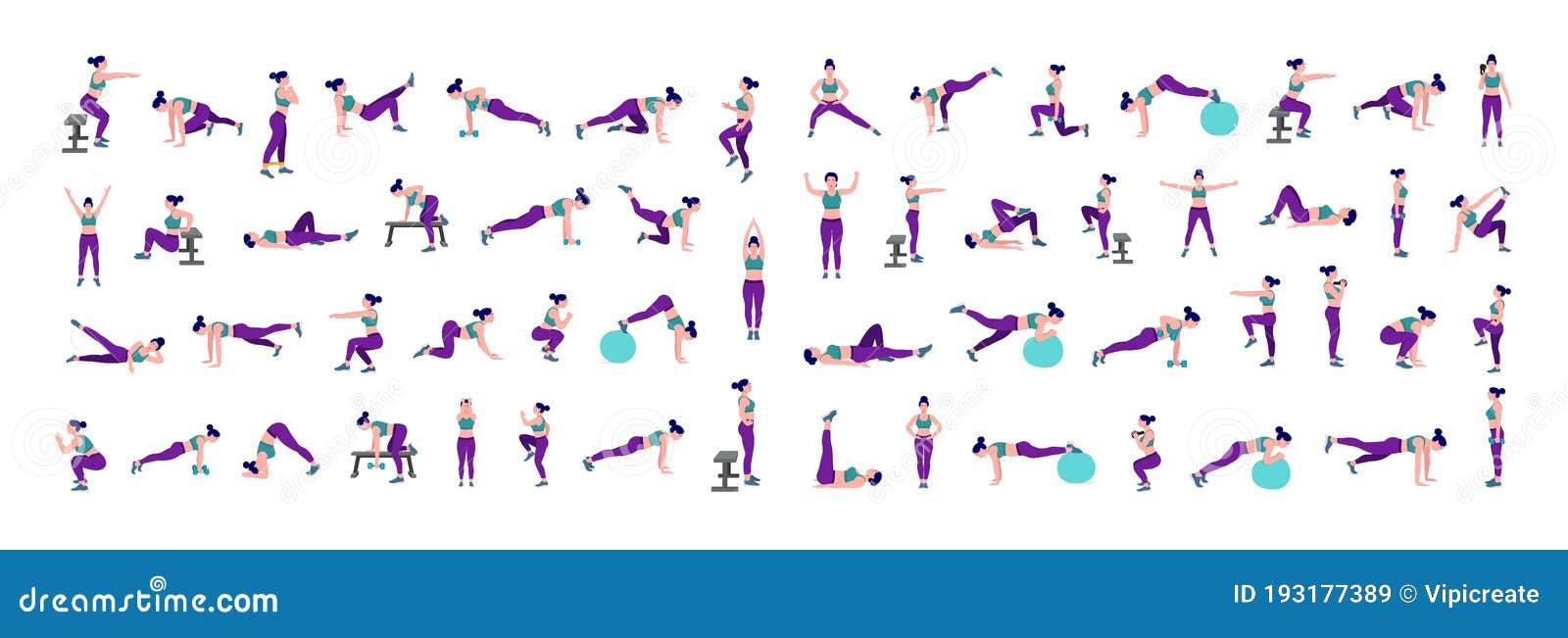 Women Workout Set. Women Exercise Vector Set. Women Doing Fitness and ...