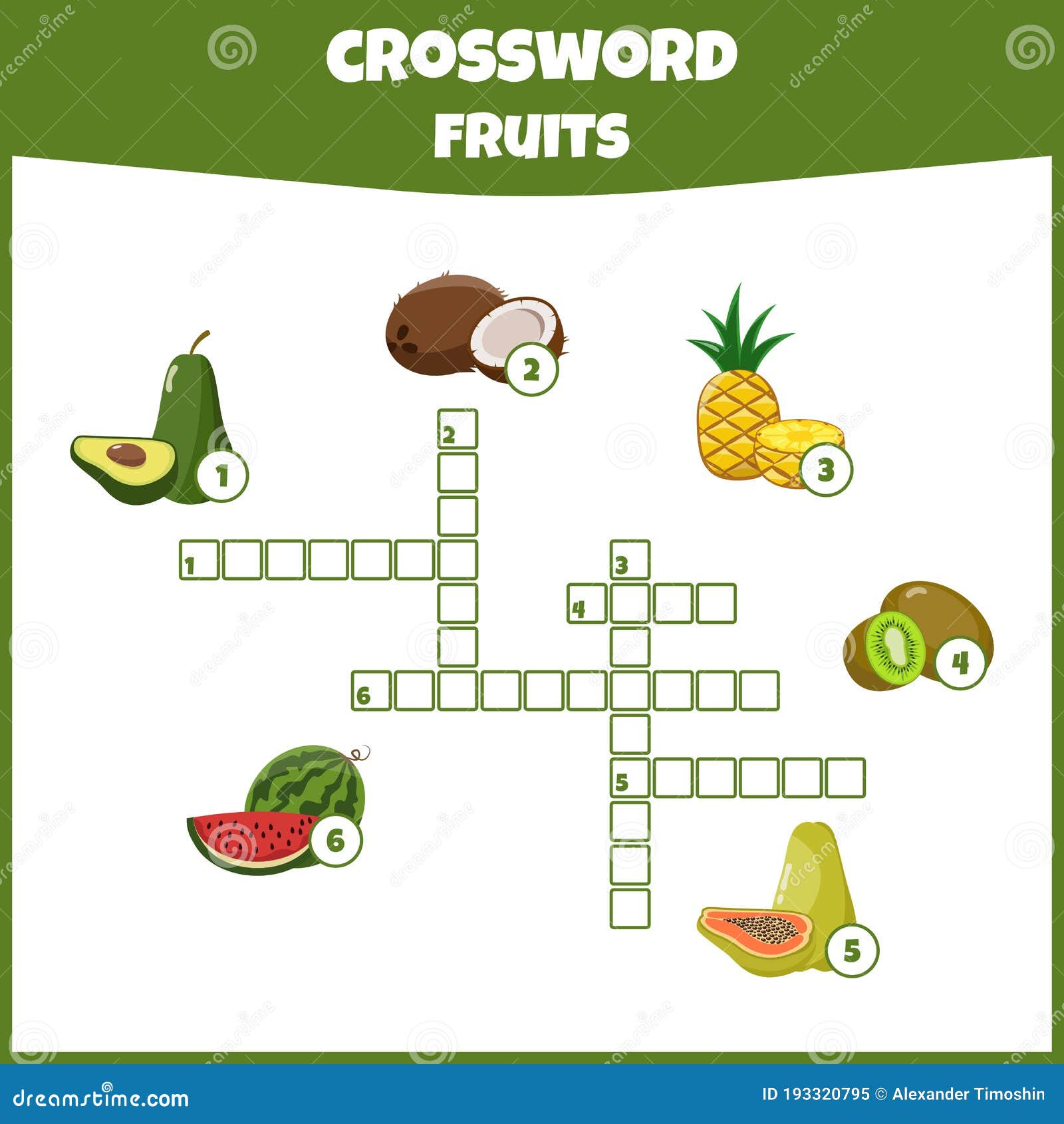Crossword with Fruits. Fresh Fruits. Vector Education Game for Children ...