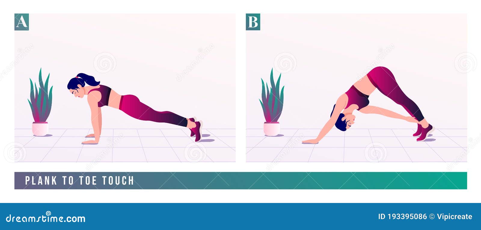 Plank To Toe Touch Exercise Woman Workout Fitness Aerobic And