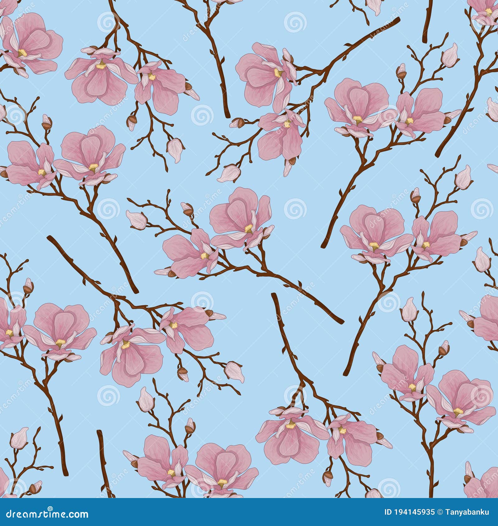 Realistic Magnolia Flowers Seamless Pattern Template. Cartoon Vector ...