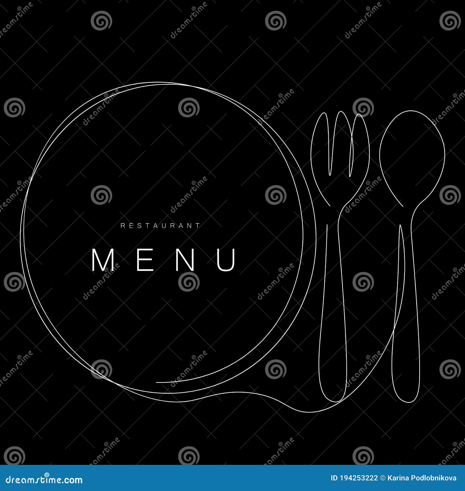 Plate and Spoon One Line Drawing, Menu Stock Illustration ...