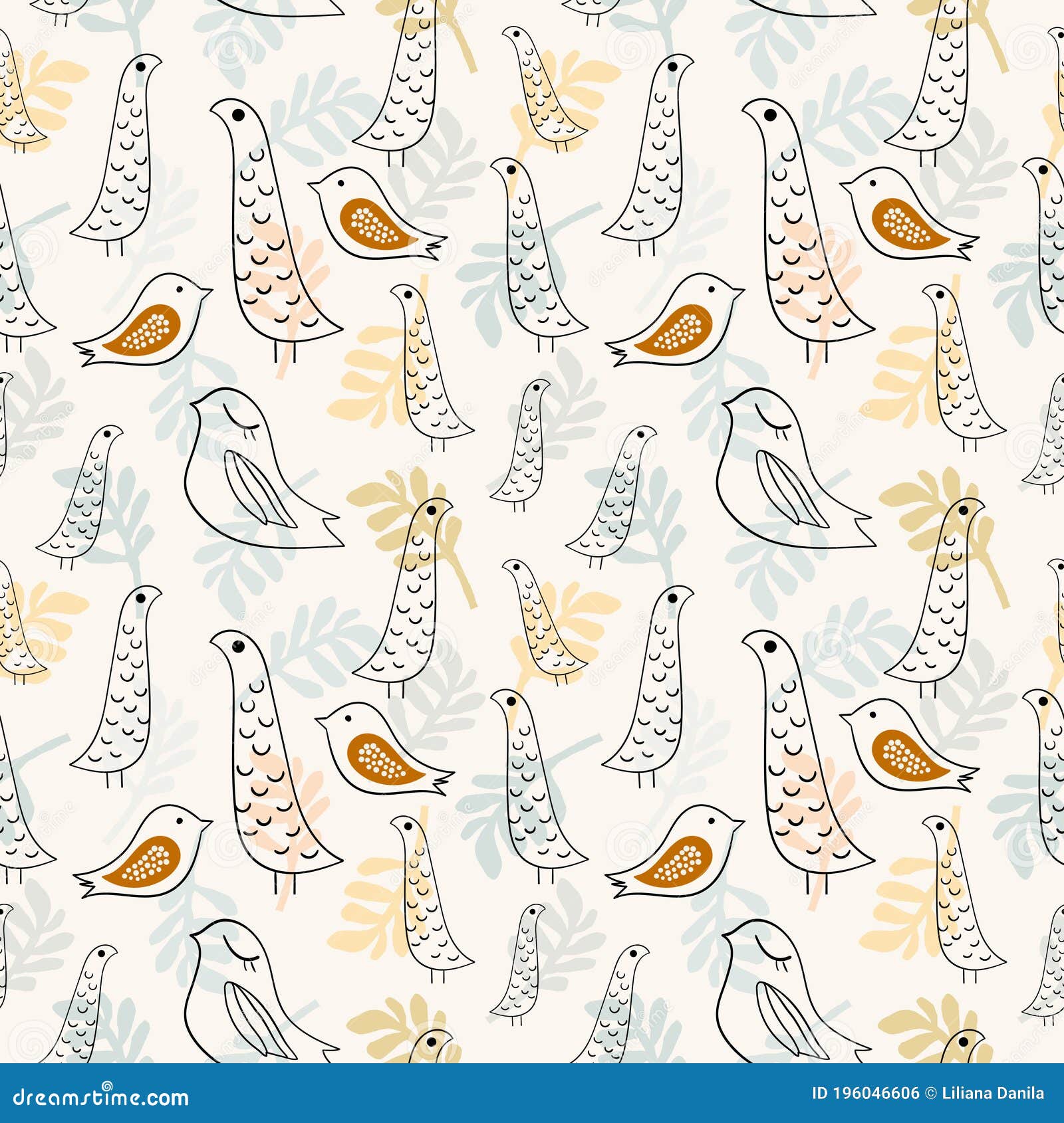 Abstract Seamless Pattern with Birds, Doodle Shapes, Modern Design ...