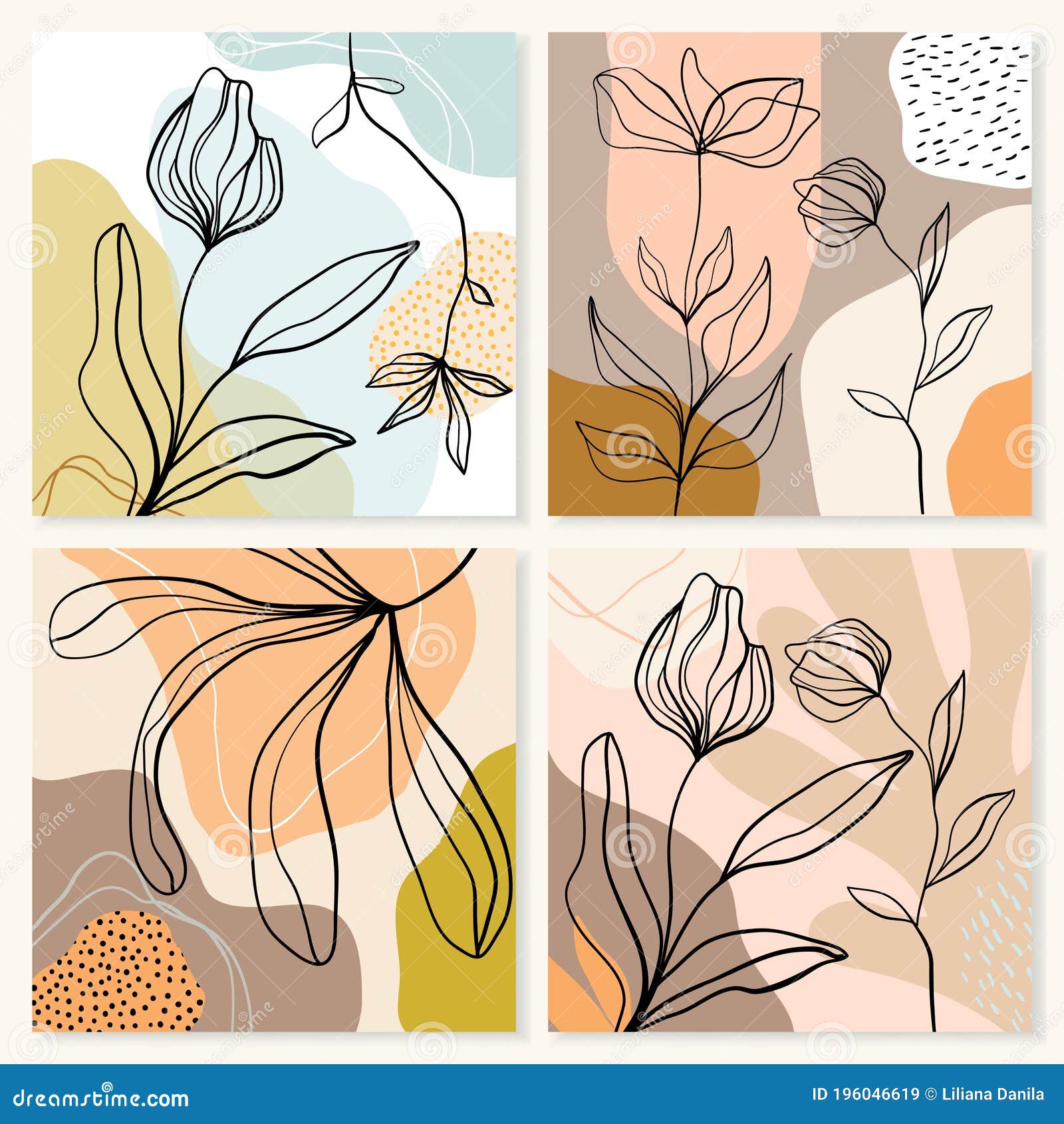 Abstract Line Art Backgrounds, Posters Wall Art Set with Flowers and ...