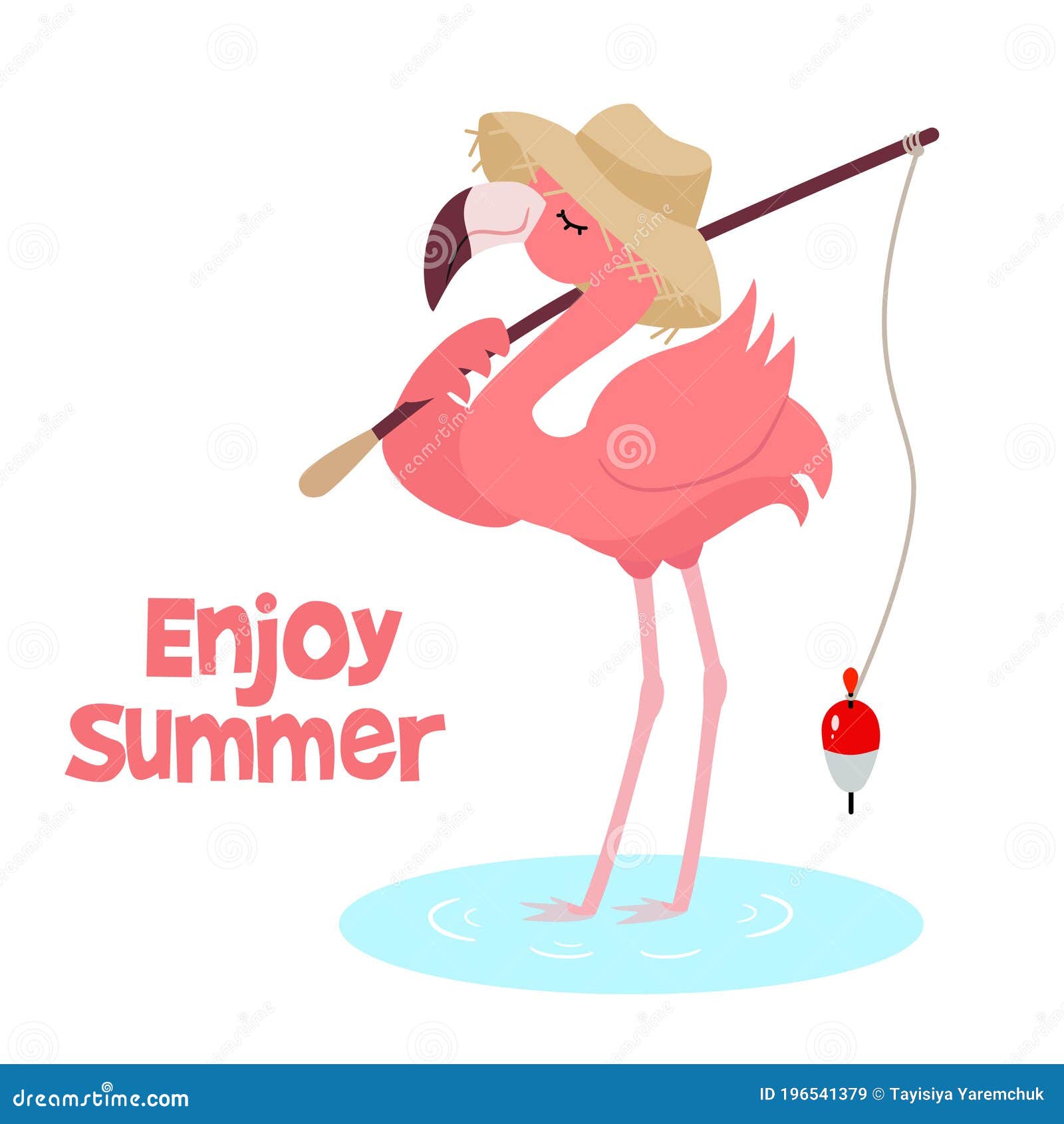 A Cute Flamingo with a Fishing Rod Goes Fishing. Vector Illustration ...