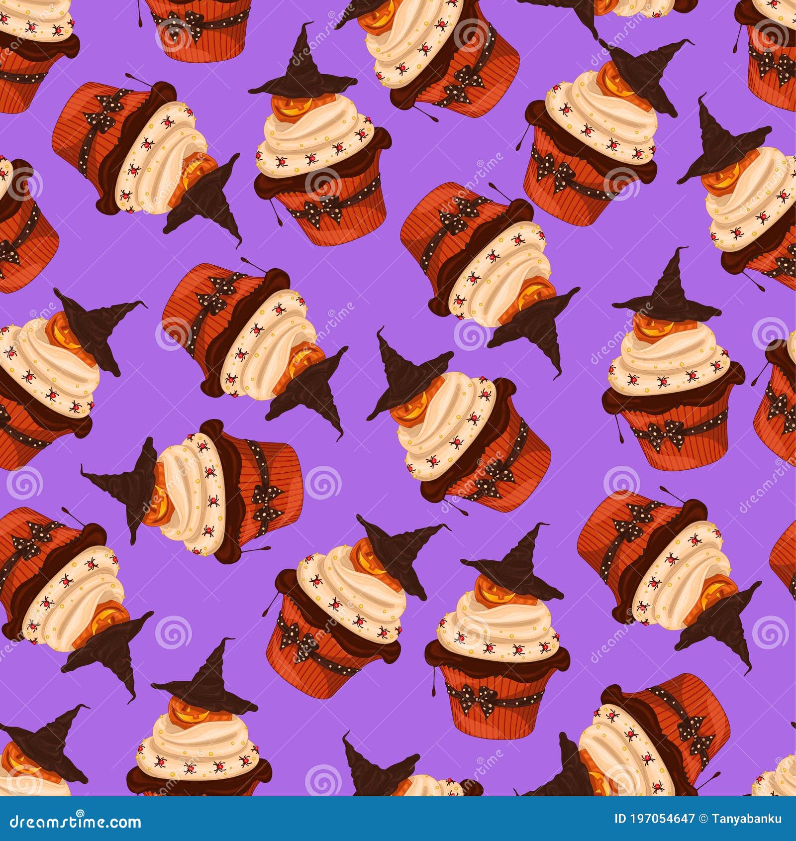 Cartoon Halloween Decorated Cupcake with Cream, Spiders and Pumpkin in ...