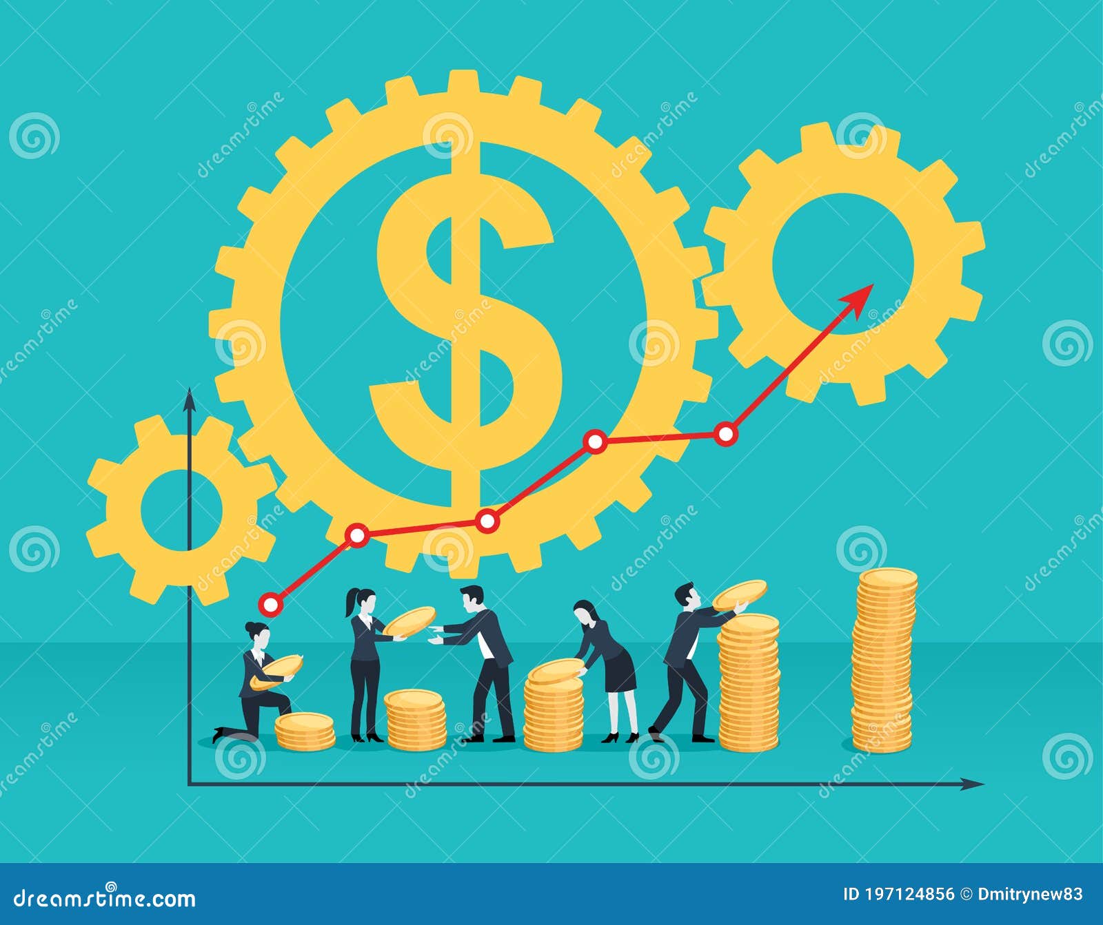 People Team with Money Coins Stack, Graph and Gear Stock Vector ...