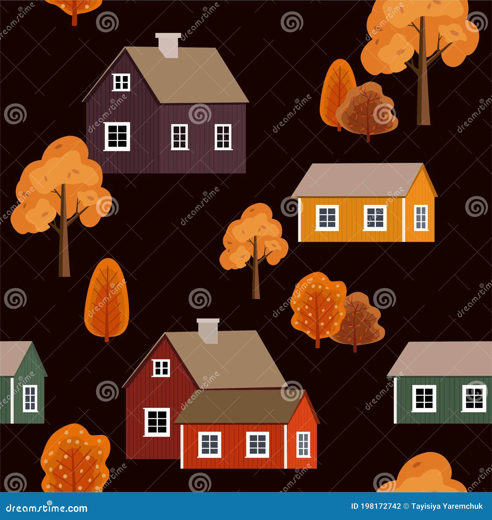 Pattern with Trees and Houses. Autumn Landscape. Vector Autumn ...