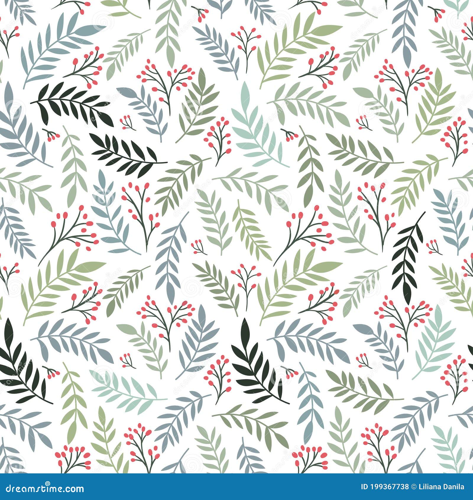 Floral Christmas Seamless Pattern with Berry Branch and Leaves Stock ...
