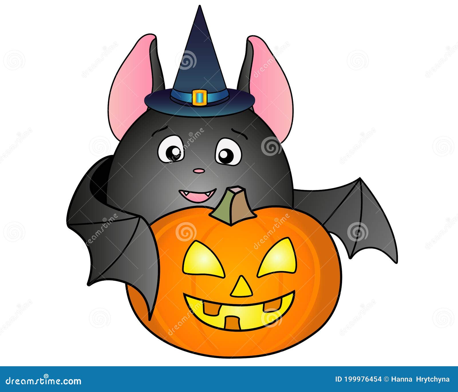 A Cute Fat Bat in a Magic Hat Carries a Halloween Pumpkin - Full Color ...